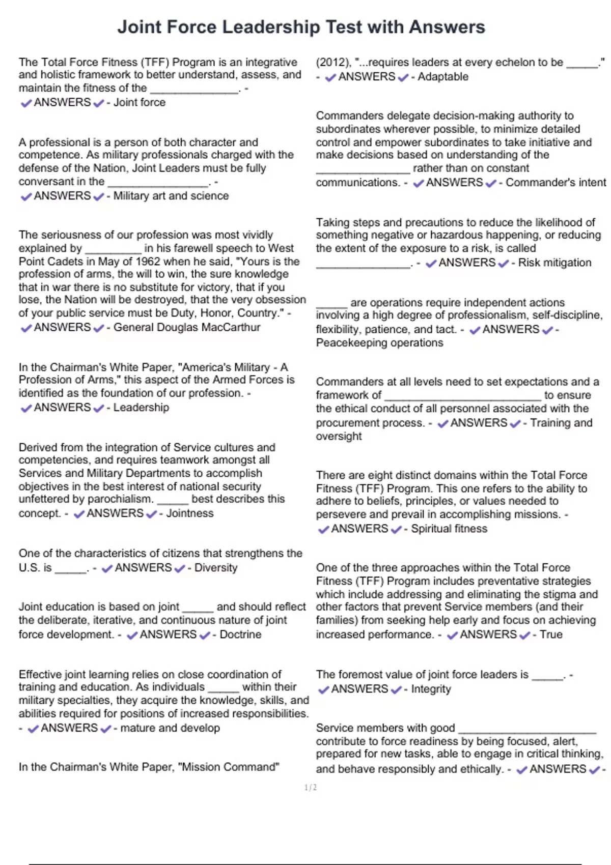Joint Force Leadership Test with Answers - Joint Force Leadership ...