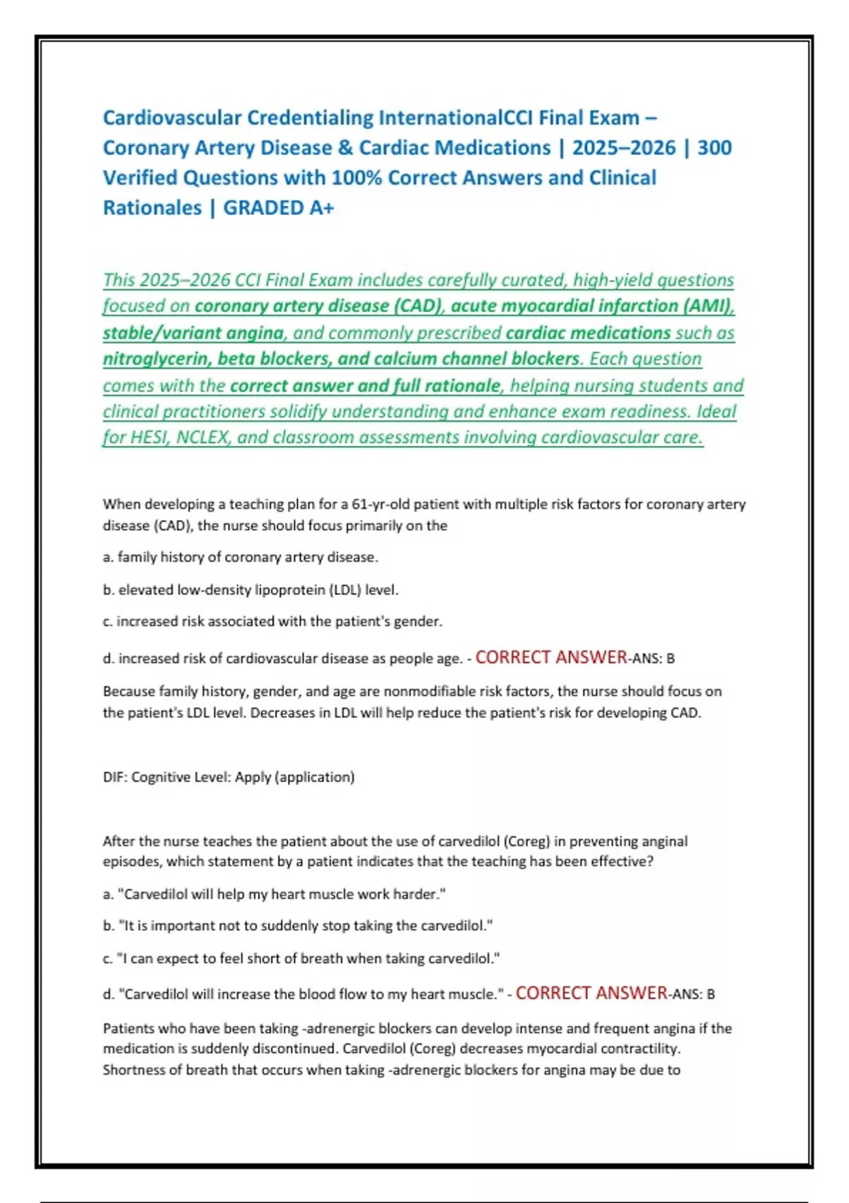 Cardiovascular Credentialing InternationalCCI Final Exam – Coronary ...
