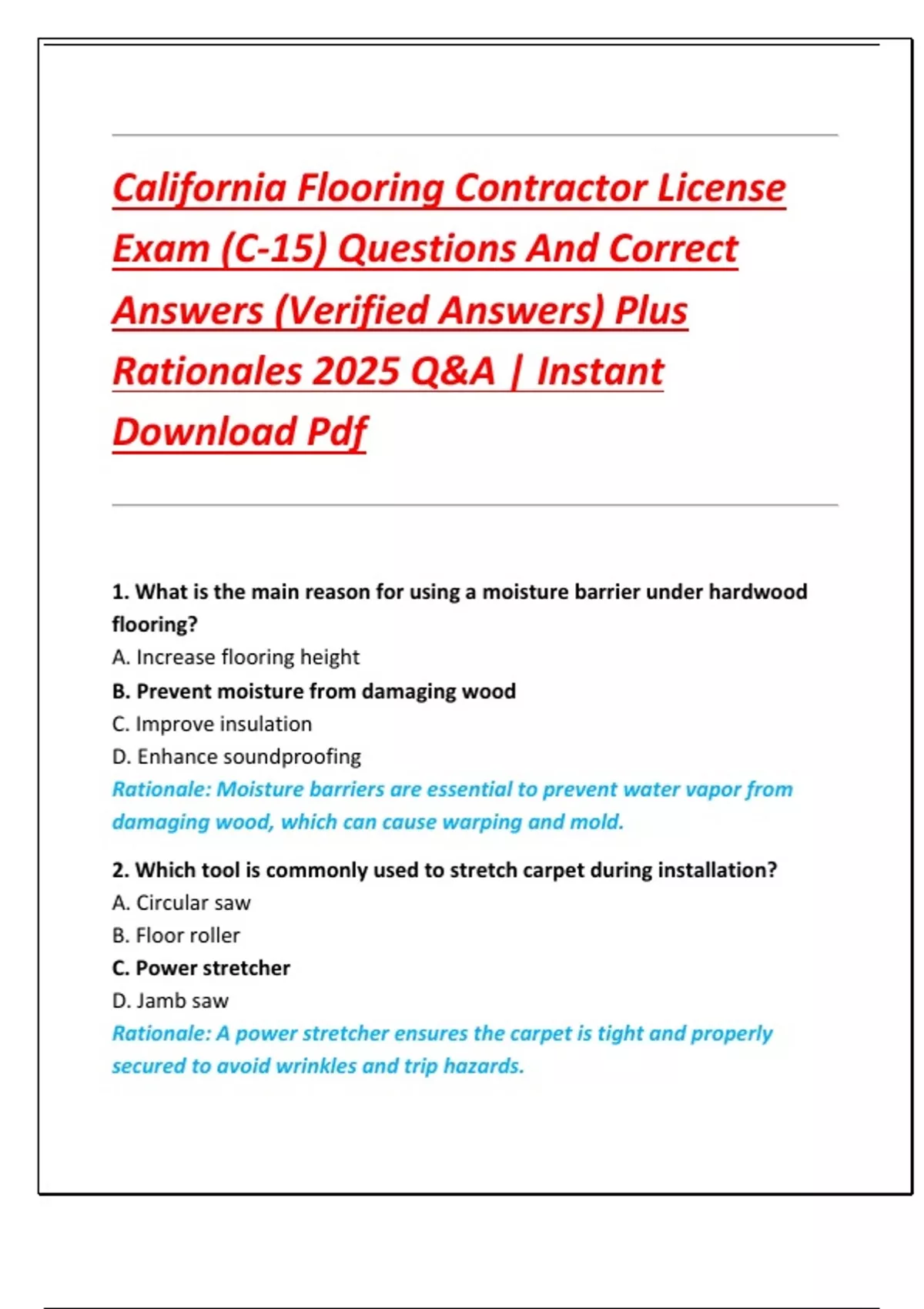 California Flooring Contractor License Exam (C-15) Questions And ...