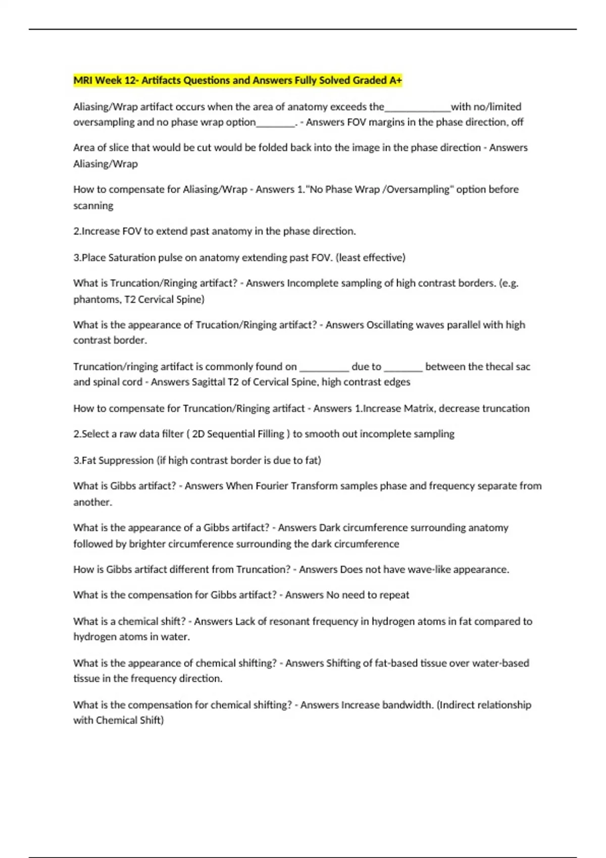 MRI Week 12- Artifacts Questions and Answers Fully Solved Graded A+ ...