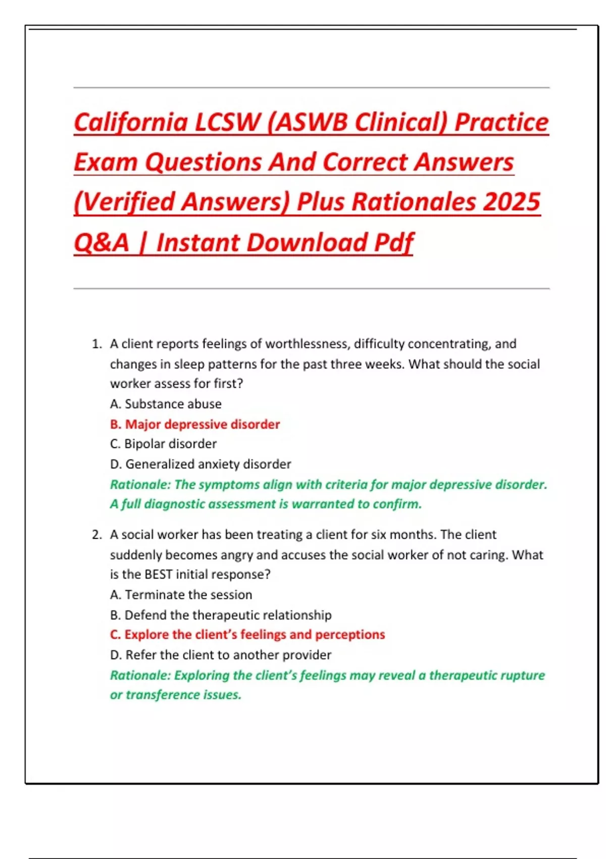California LCSW (ASWB Clinical) Practice Exam Questions And Correct ...