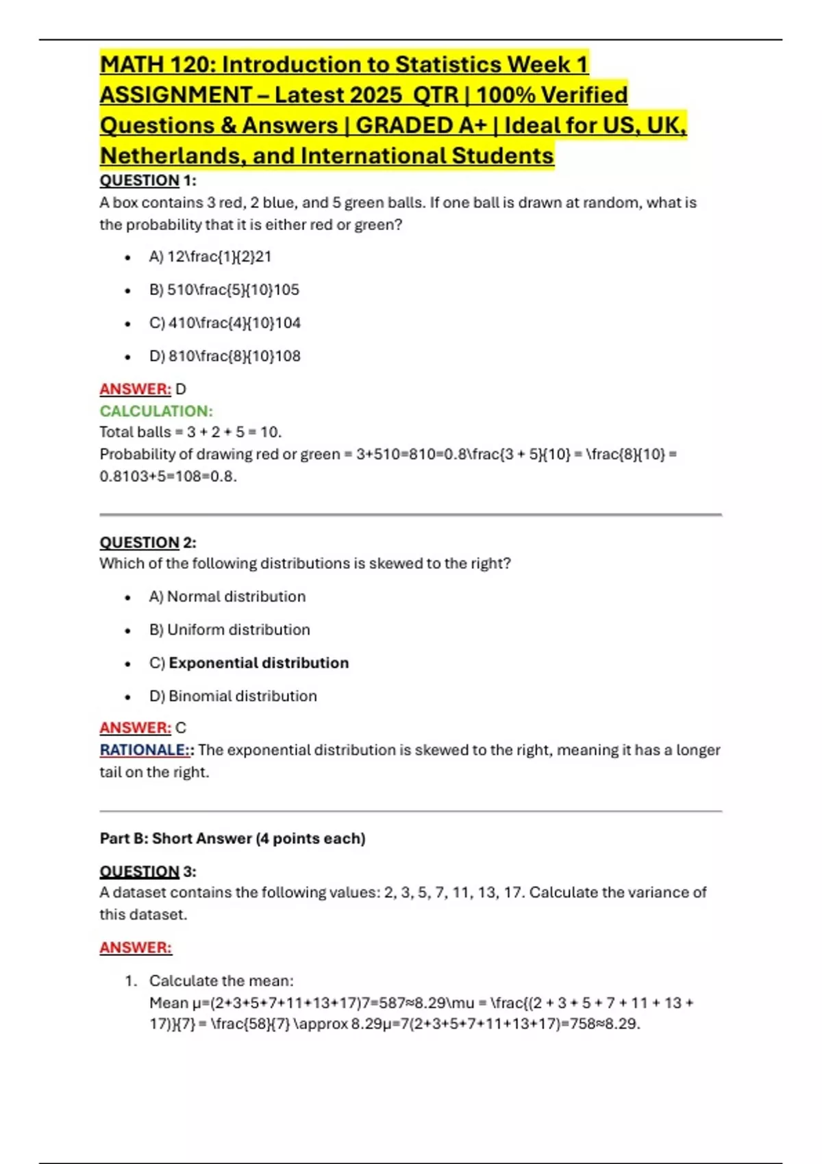MATH 120: Introduction to Statistics Week 1 ASSIGNMENT – Latest 2025 ...