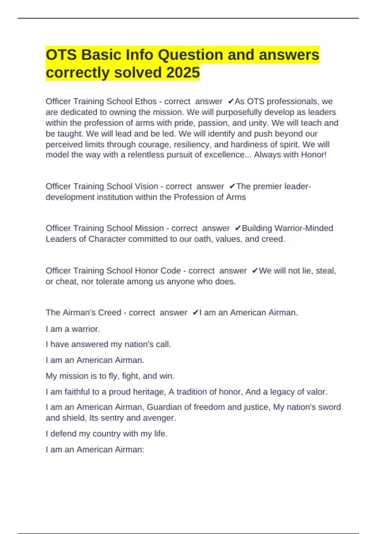 OTS Basic Info Question and answers correctly solved 2025 - OTS Basic ...