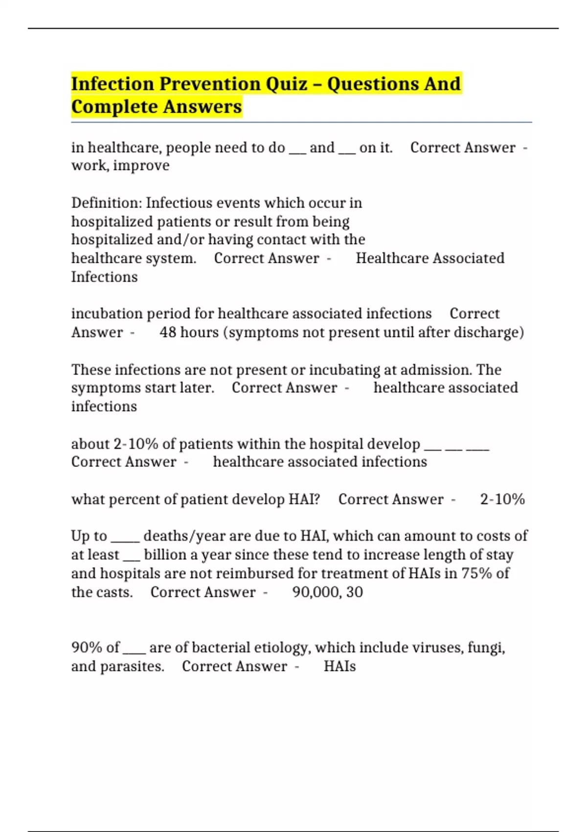 Infection Prevention Quiz – Questions And Complete Answers - A-IPC ...