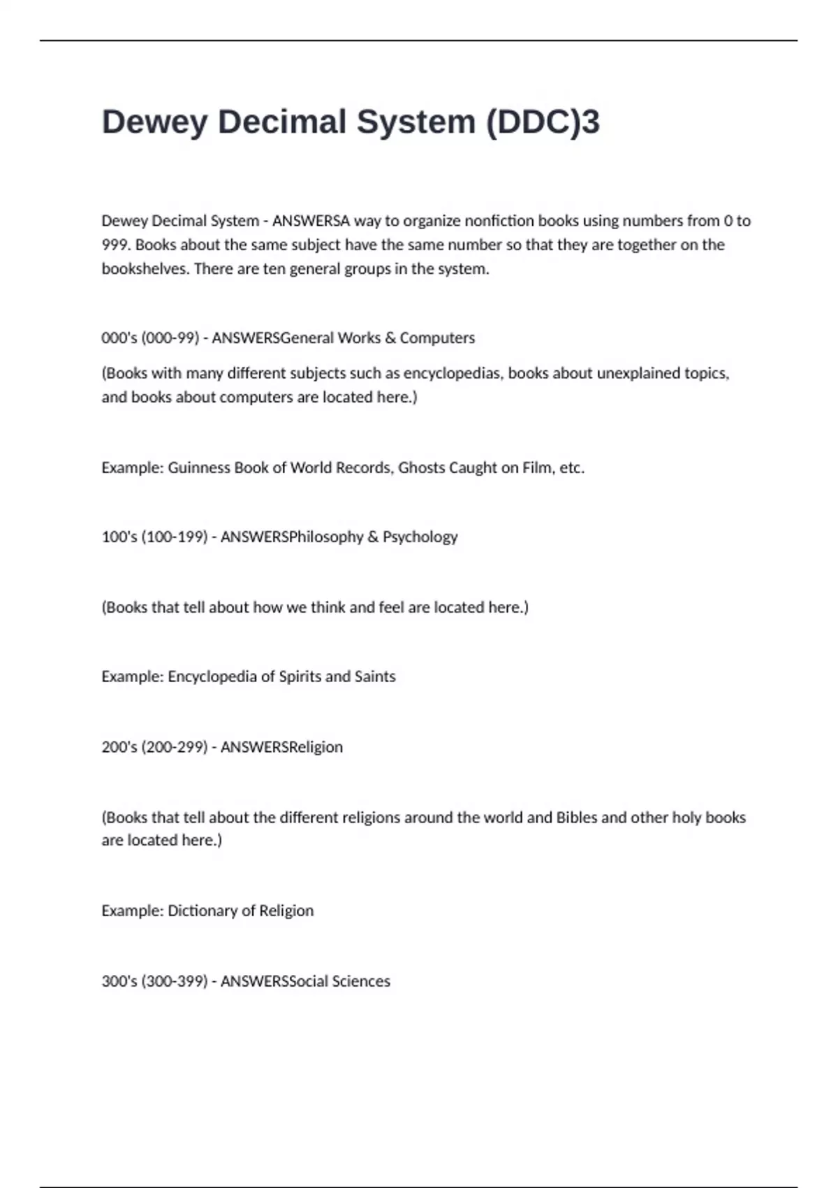 Dewey Decimal System (DDC) Exam Questions and Answers 100% CORRECT ...