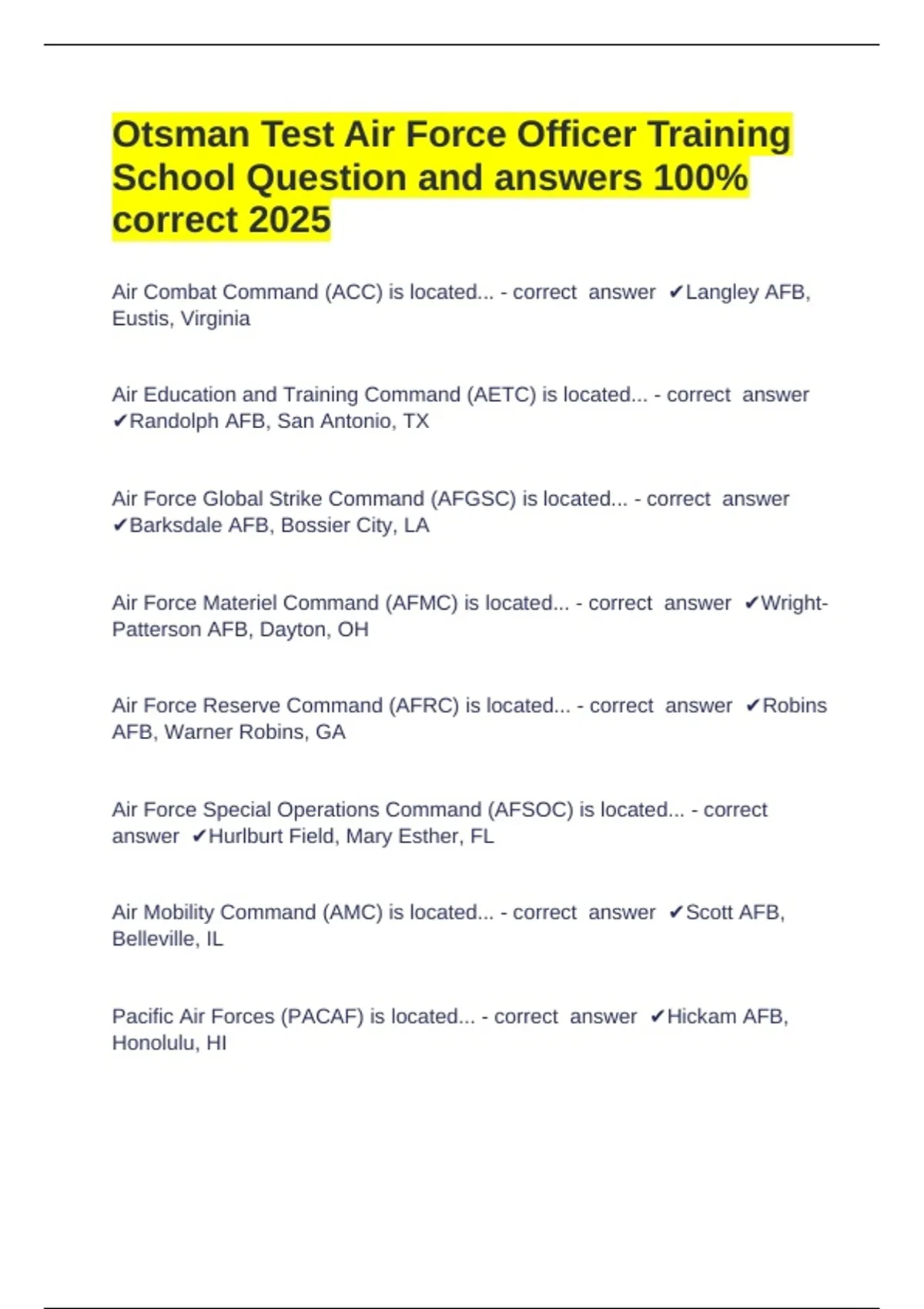 Otsman Test Air Force Officer Training School Question and answers 100% ...