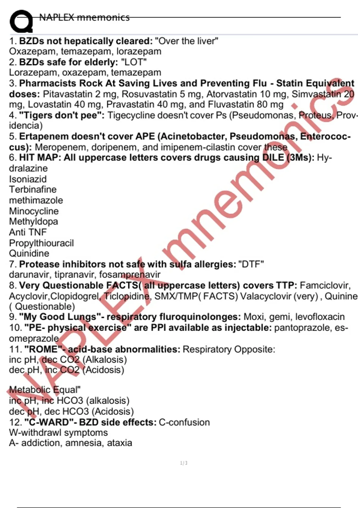 Summary NAPLAX MNEMONICS 2025 - Nursing - Stuvia US