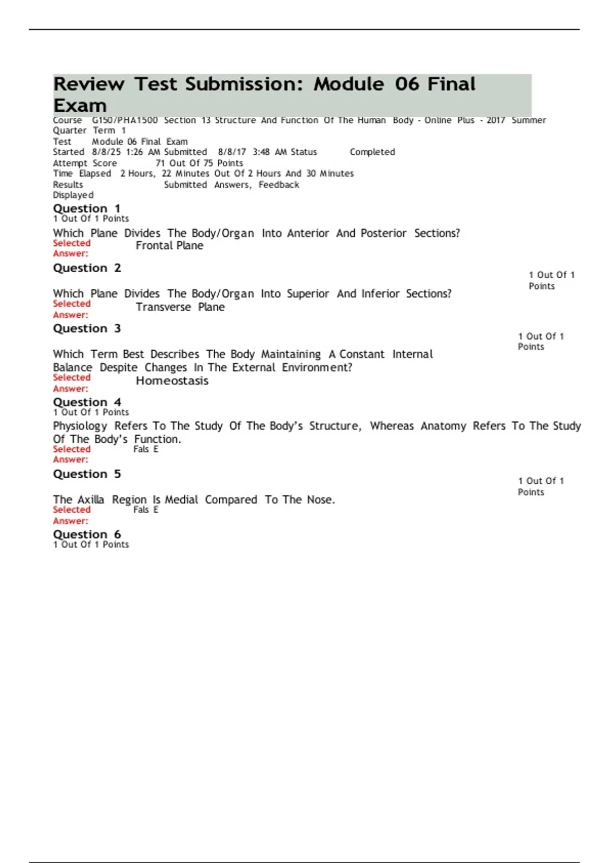 PHA 1500 STRUCTURE AND FUNCTION OF HUMAN BODY FINAL EXAM (A GRADE ...