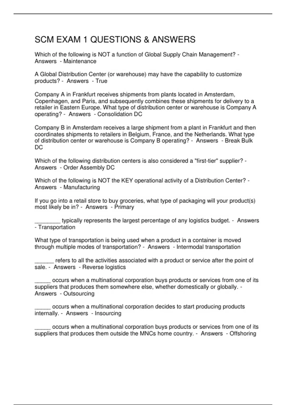 SCM EXAM 1 QUESTIONS & ANSWERS - Scm - Stuvia US