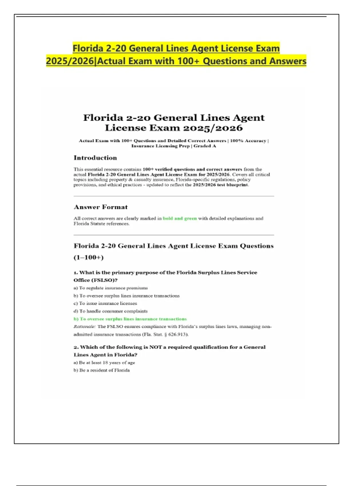 Florida 2-20 General Lines Agent License Exam 2025/2026|Actual Exam ...