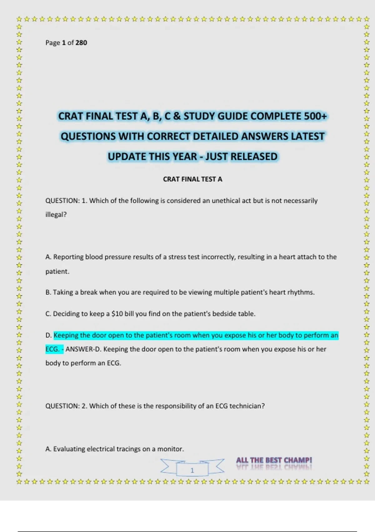 CRAT FINAL TEST A, B, C & STUDY GUIDE COMPLETE 500+ QUESTIONS WITH ...