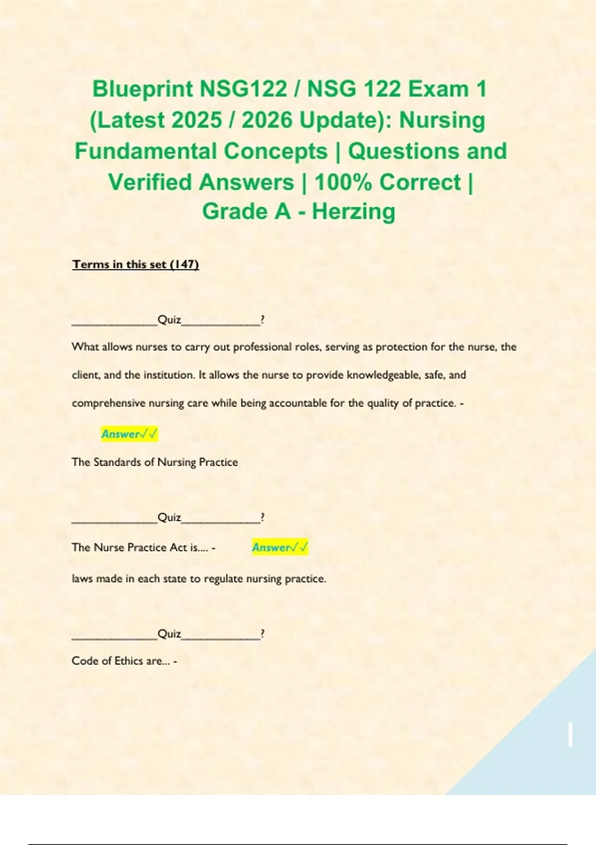 Blueprint NSG122 / NSG 122 Exam 1 (Latest 2025 / 2026 Update): Nursing ...