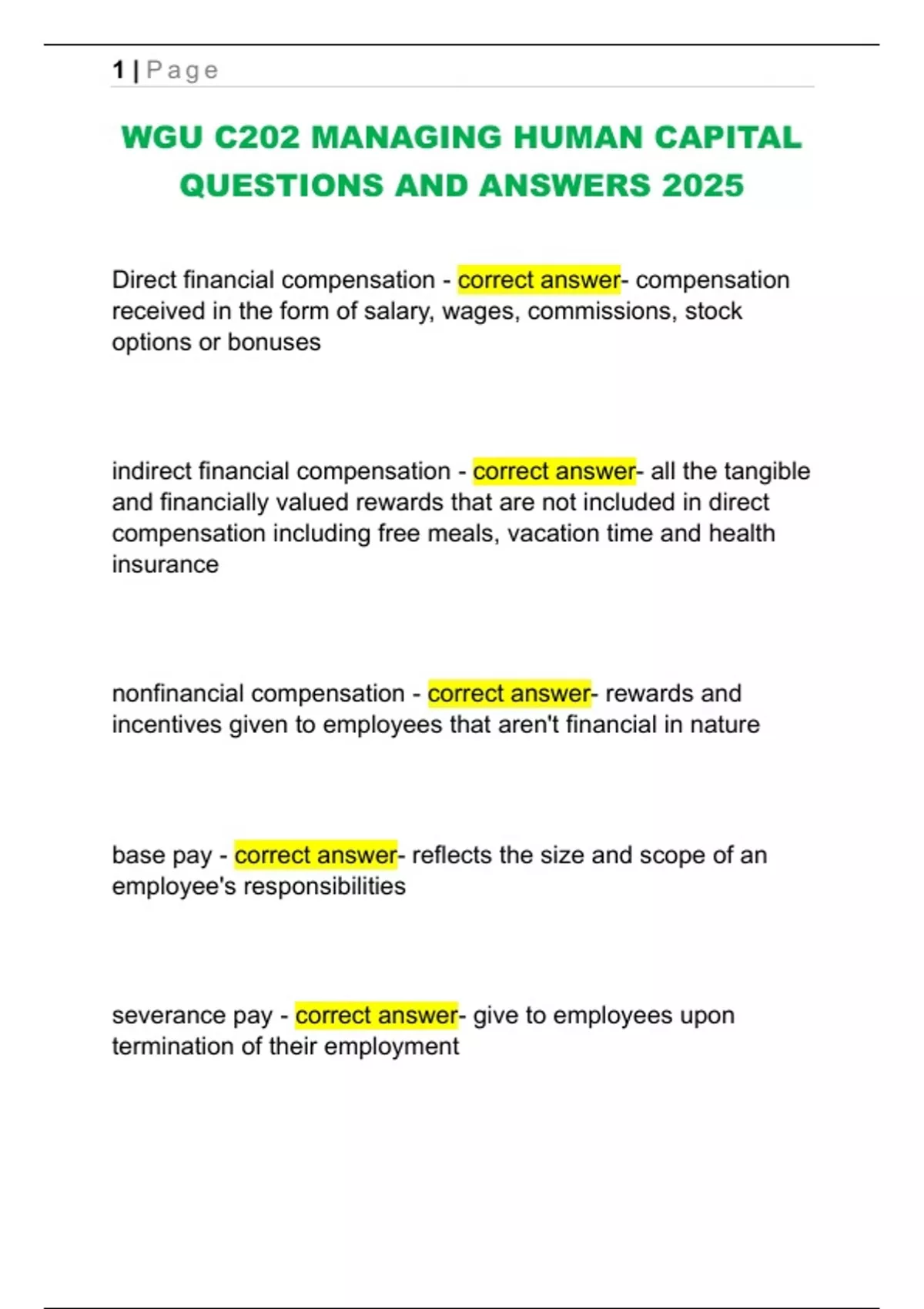 Managing Human Capital – C202 – Western Governors University – 2025 – Complete Exam Review with ...