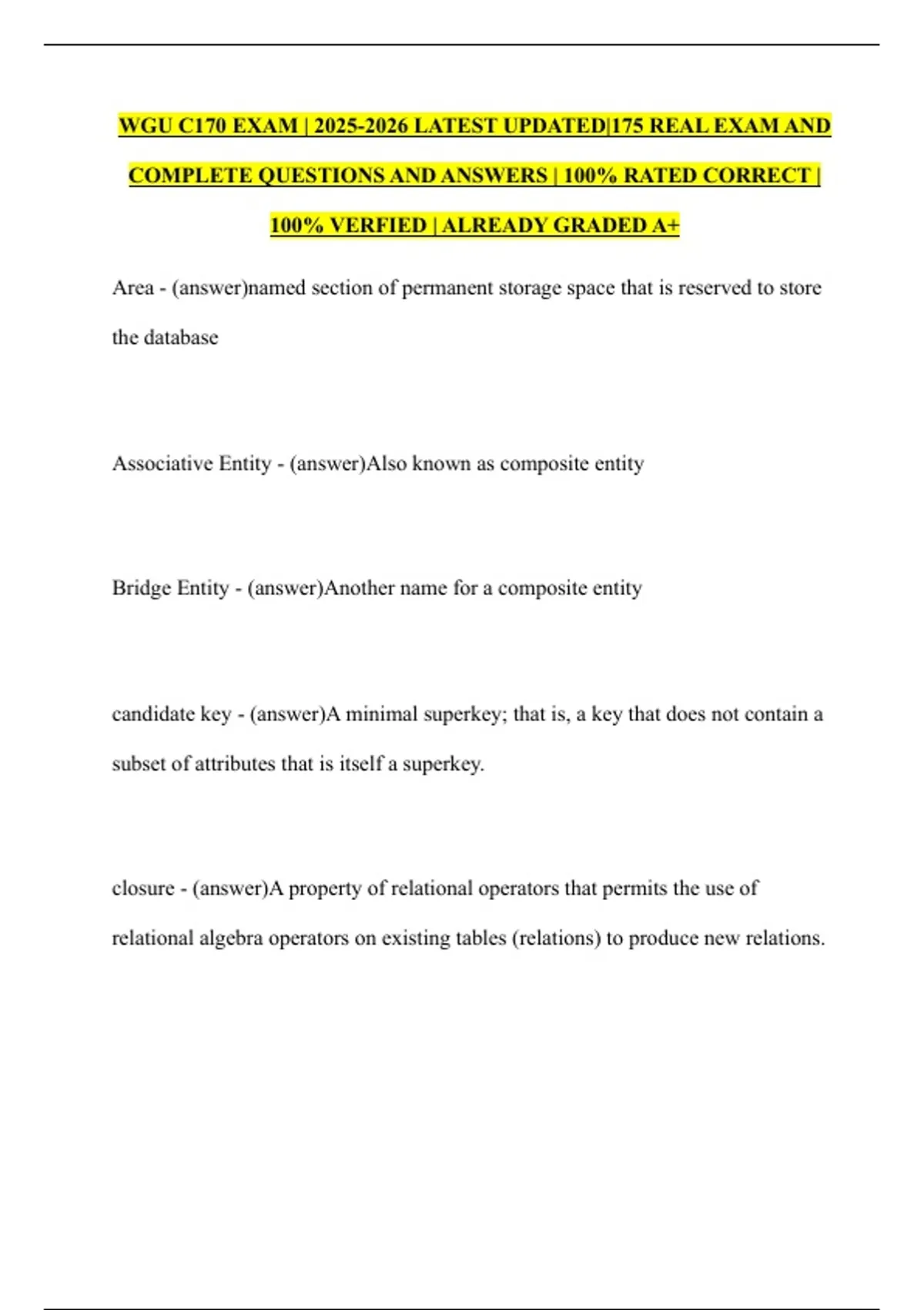 WGU C170 EXAM | LATEST UPDATED|175 REAL EXAM AND COMPLETE QUESTIONS AND ...