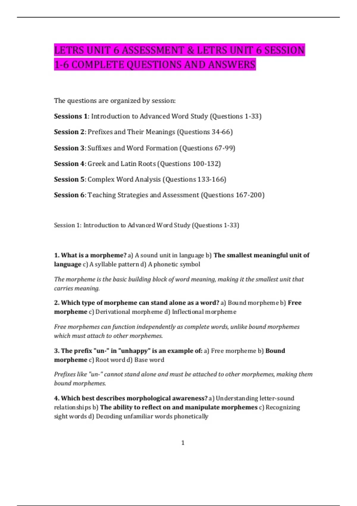 LETRS UNIT 6 ASSESSMENT & LETRS UNIT 6 SESSION 1-6 COMPLETE QUESTIONS AND ANSWERS - LETRS Unit 6 ...