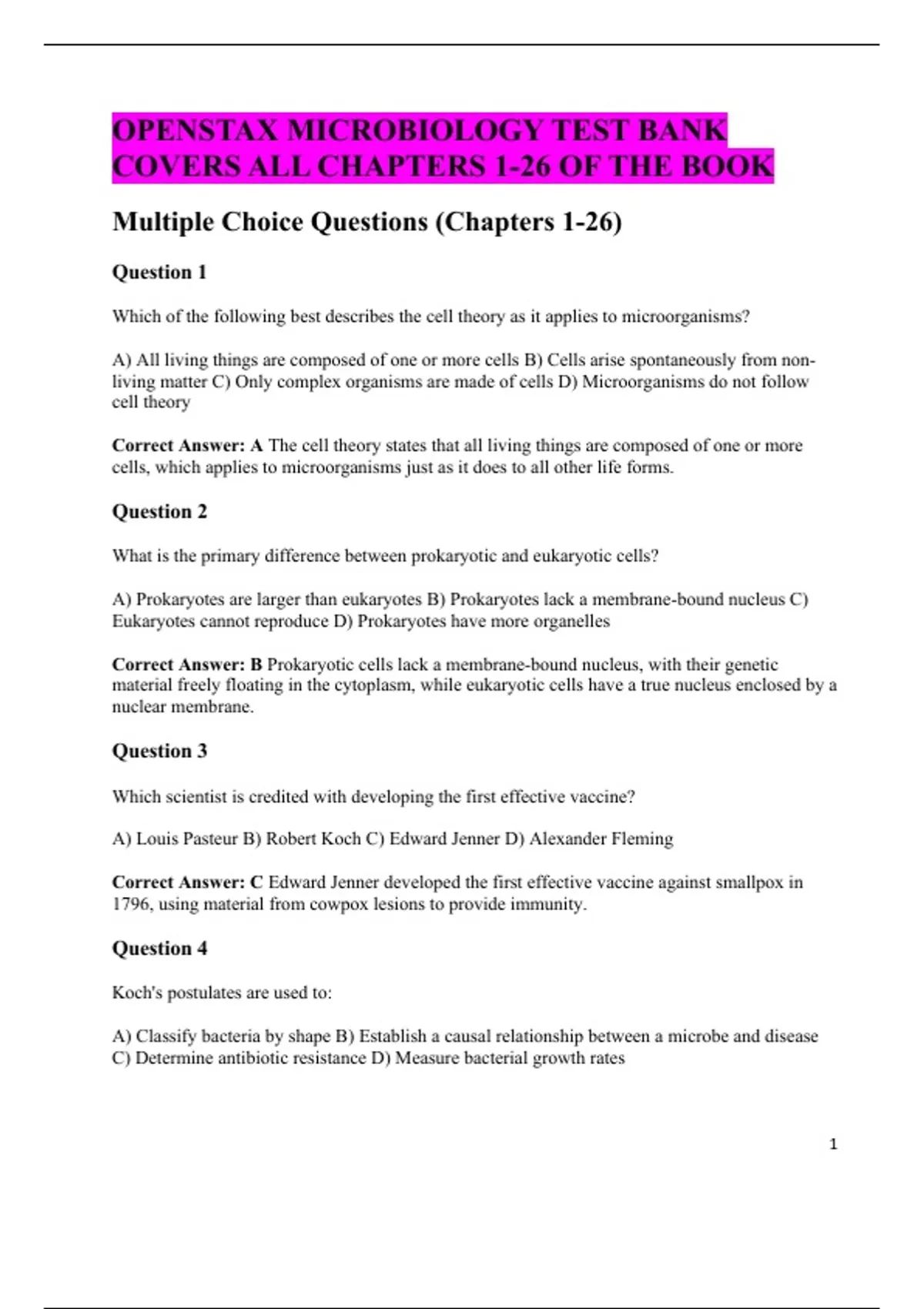 OPENSTAX MICROBIOLOGY TEST BANK COVERS ALL CHAPTERS 1-26 OF THE BOOK ...