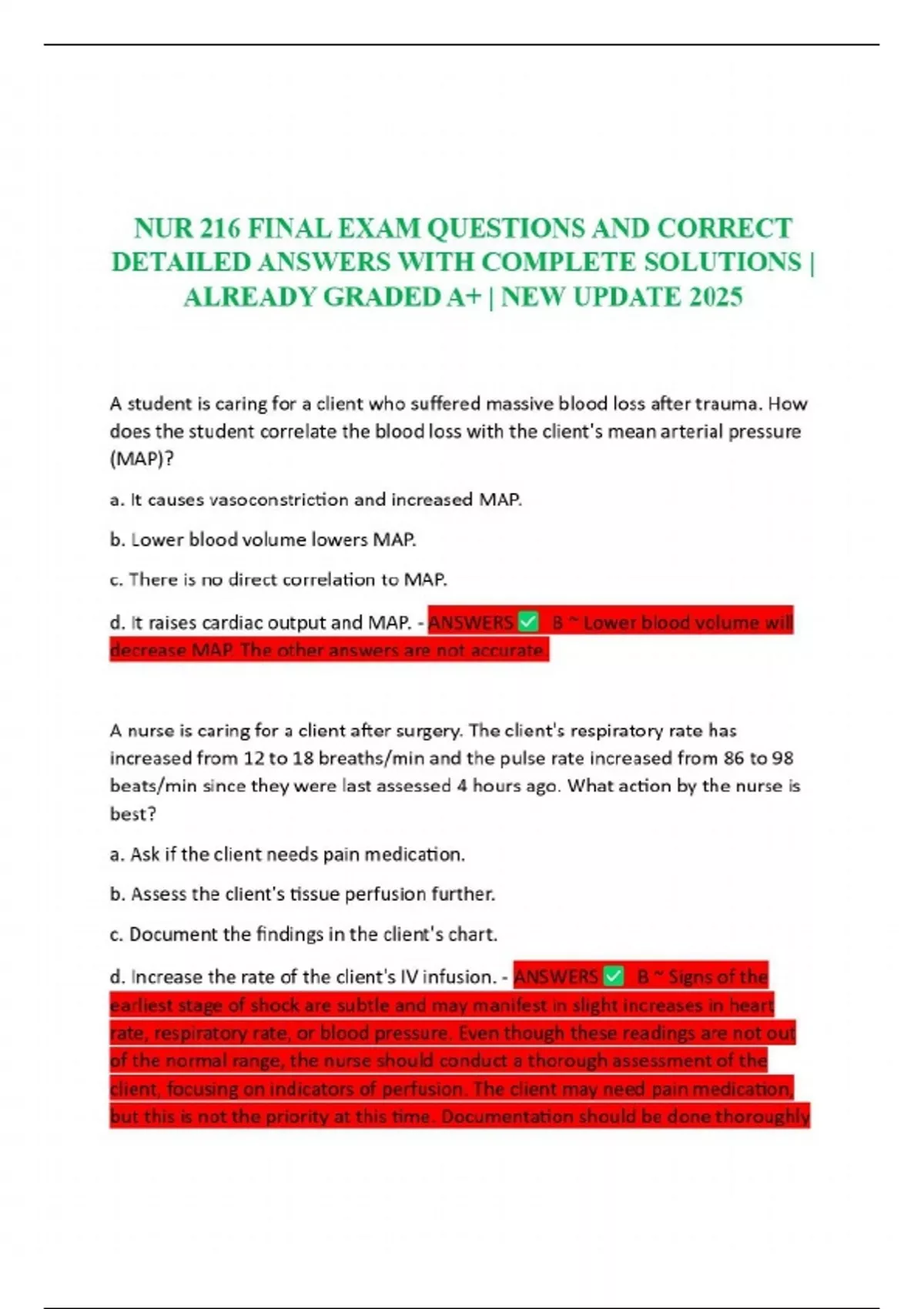 NUR 216 FINAL EXAM QUESTIONS AND CORRECT DETAILED ANSWERS WITH COMPLETE ...