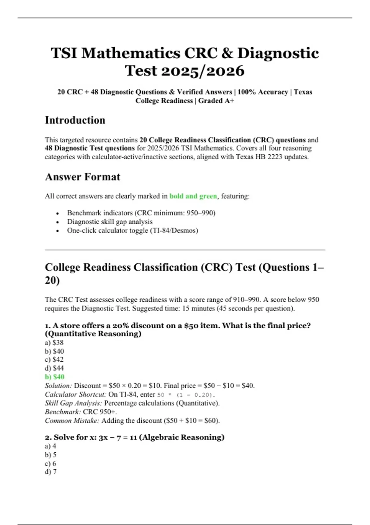 TSI Mathematics CRC & Diagnostic Test 2025/2026 | 20 CRC + 48 ...