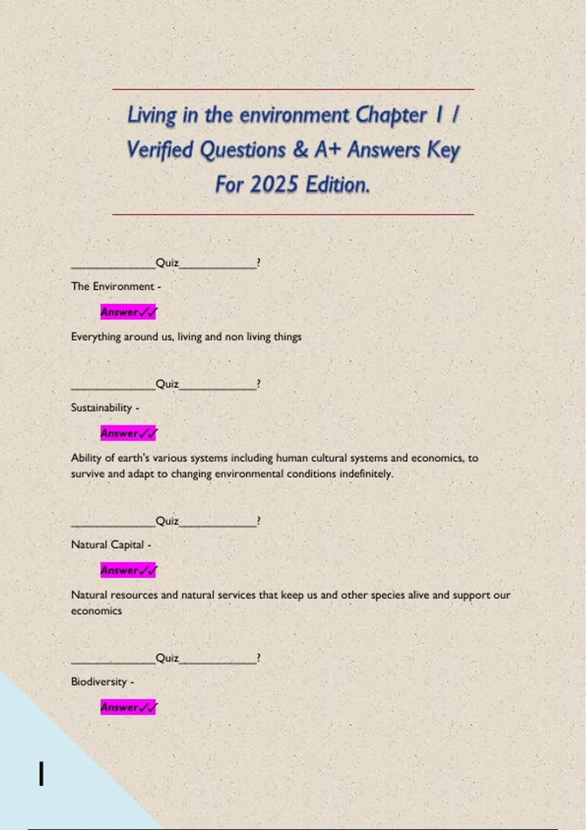 Living in the environment Chapter 1 / Verified Questions & A+ Answers ...