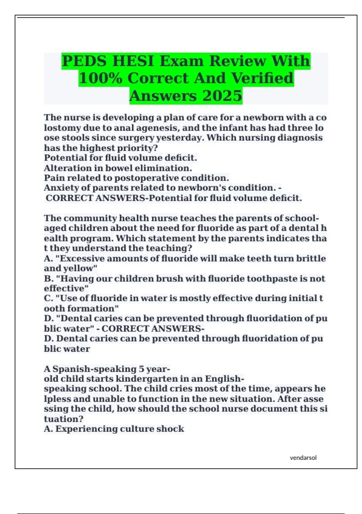 PEDS HESI Exam Review With 100% Correct And Verified Answers 2025 ...