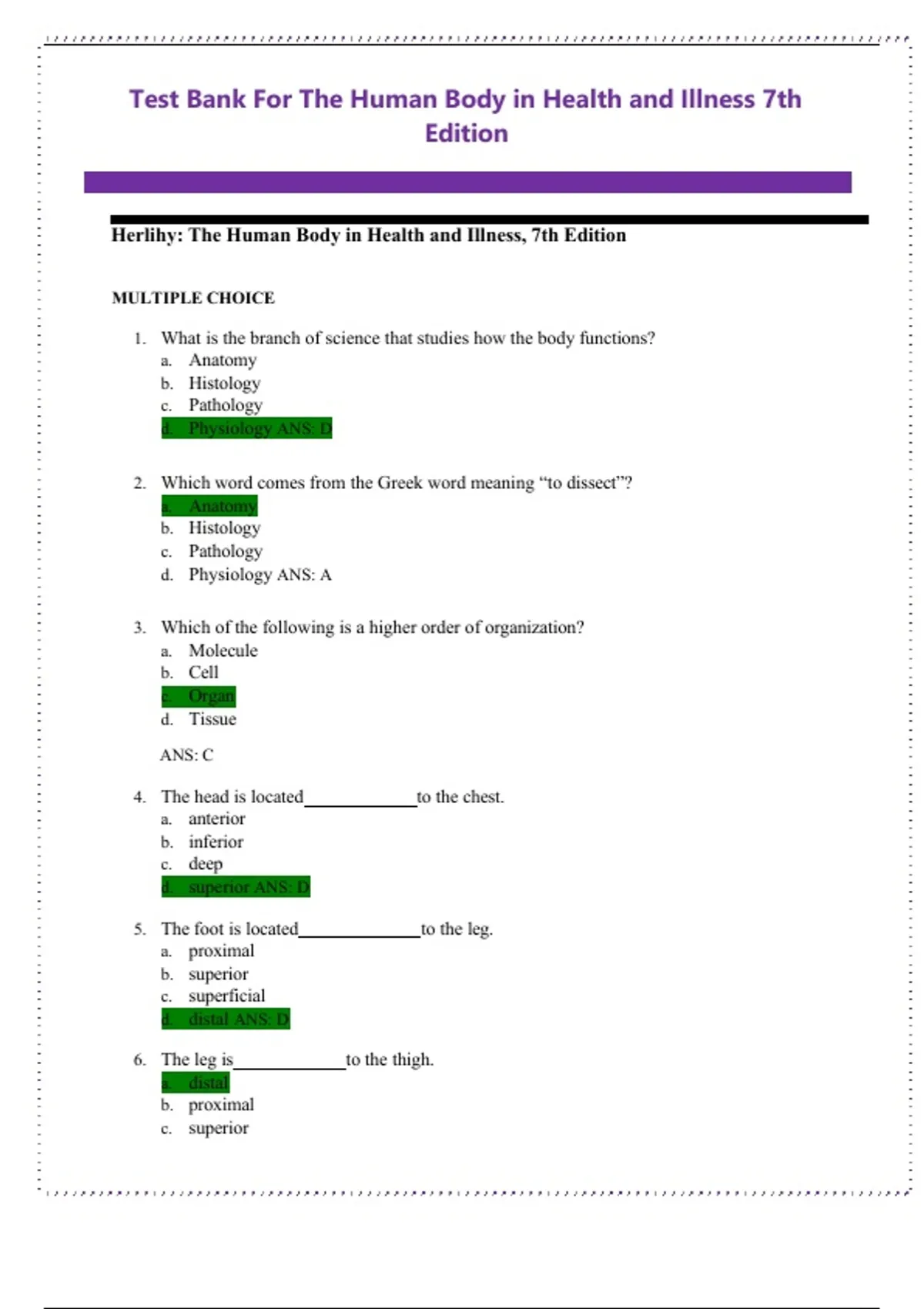 Test Bank – The Human Body in Health and Illness, 7th Edition ...