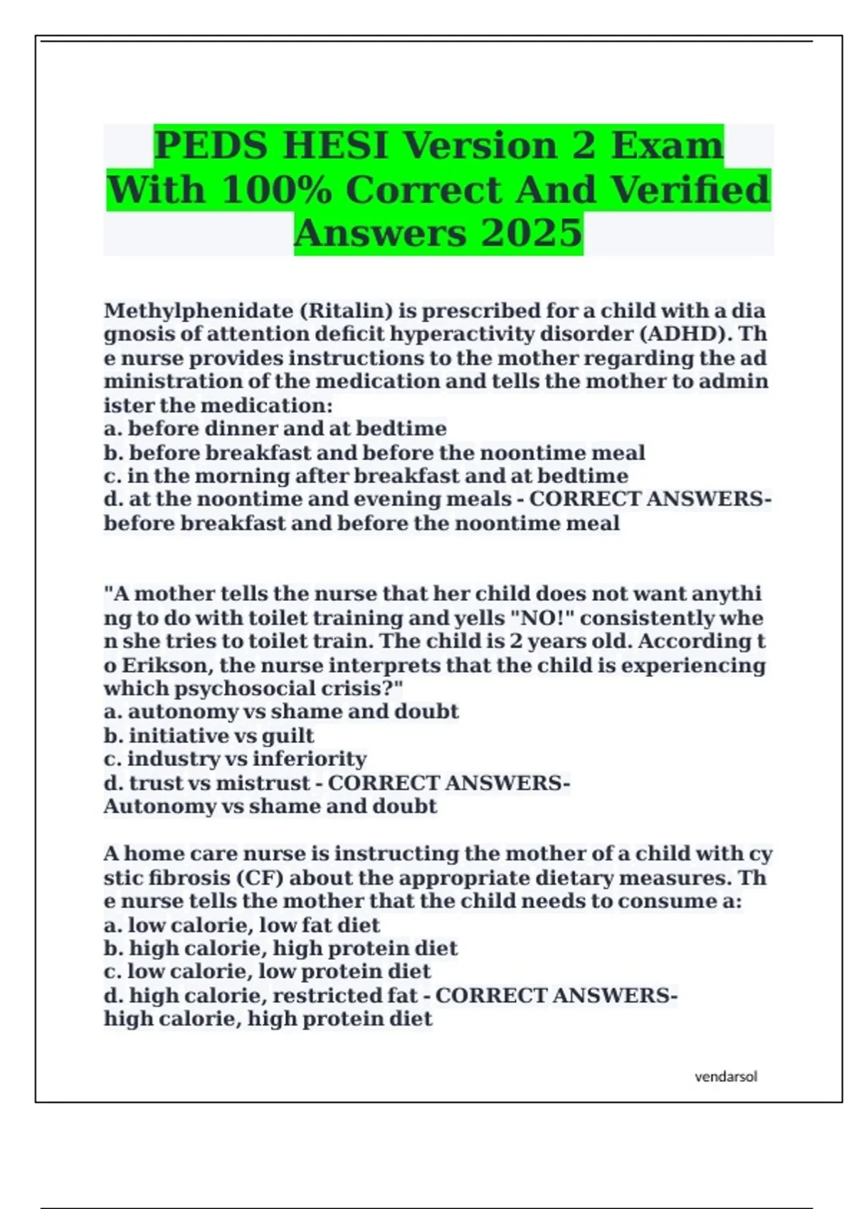 PEDS HESI Version 2 Exam With 100% Correct And Verified Answers 2025 ...
