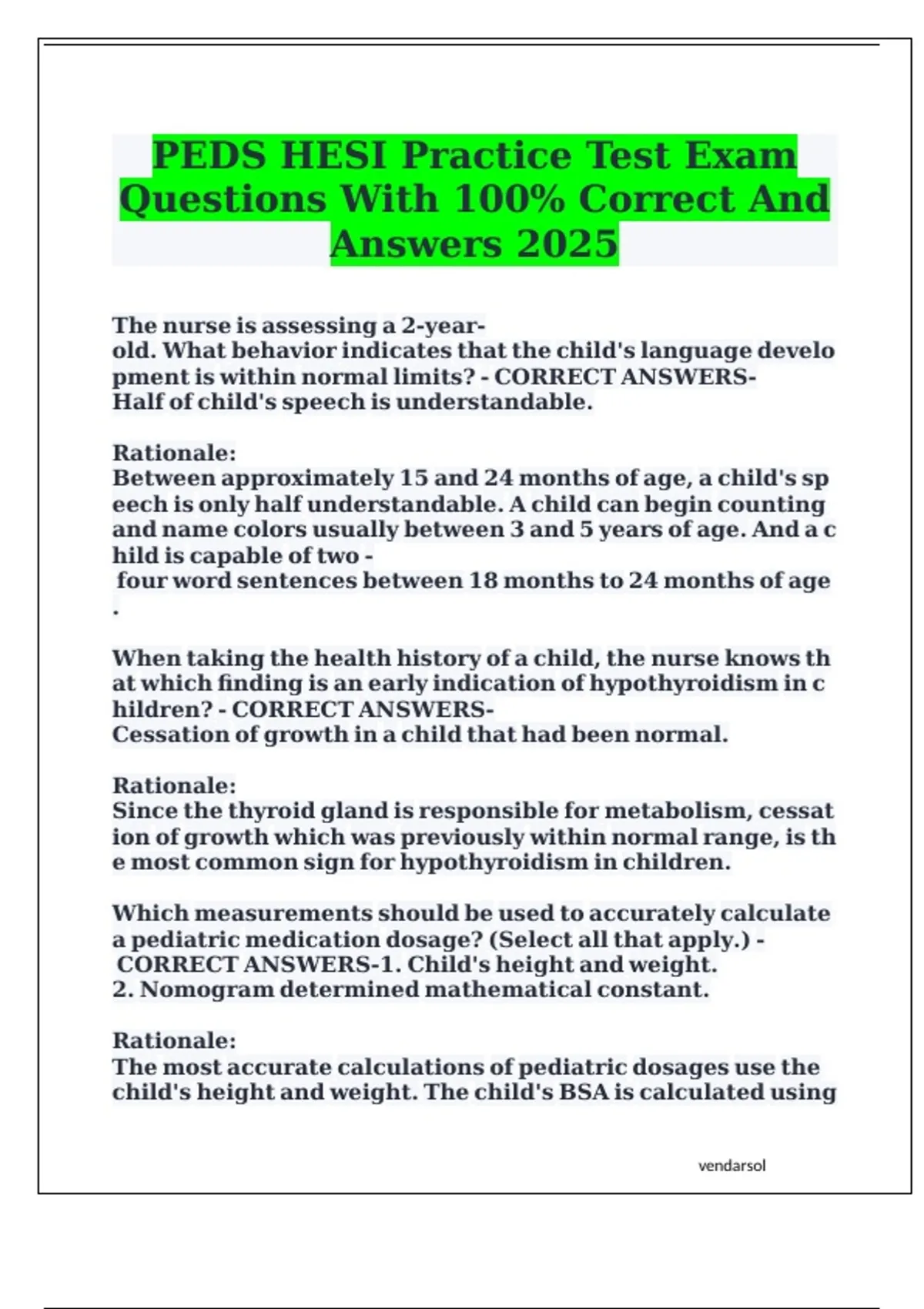 PEDS HESI Practice Test Exam Questions With 100% Correct And Answers ...
