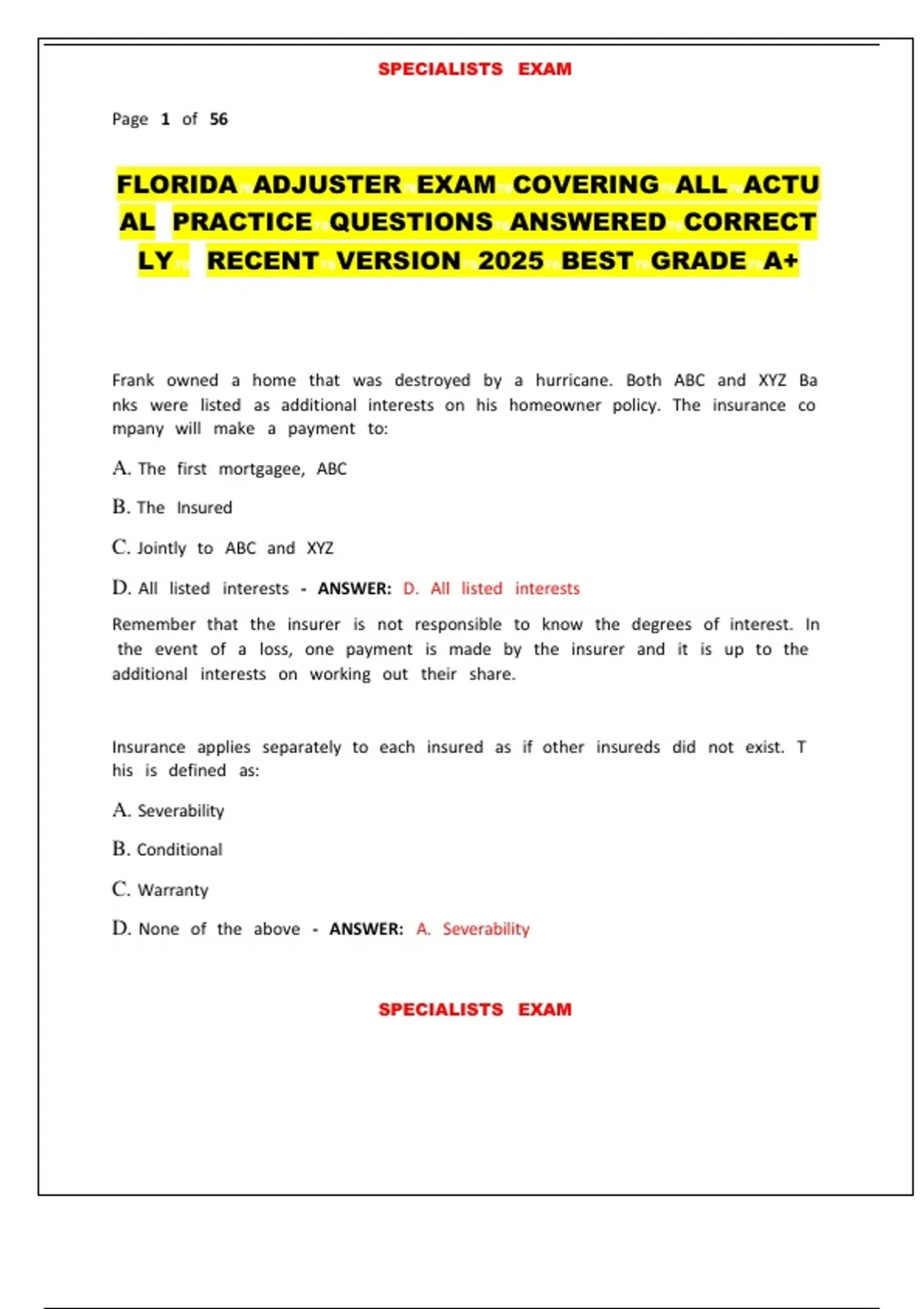 FLORIDA ADJUSTER EXAM COVERING ALL ACTUAL PRACTICE QUESTIONS ANSWERED ...