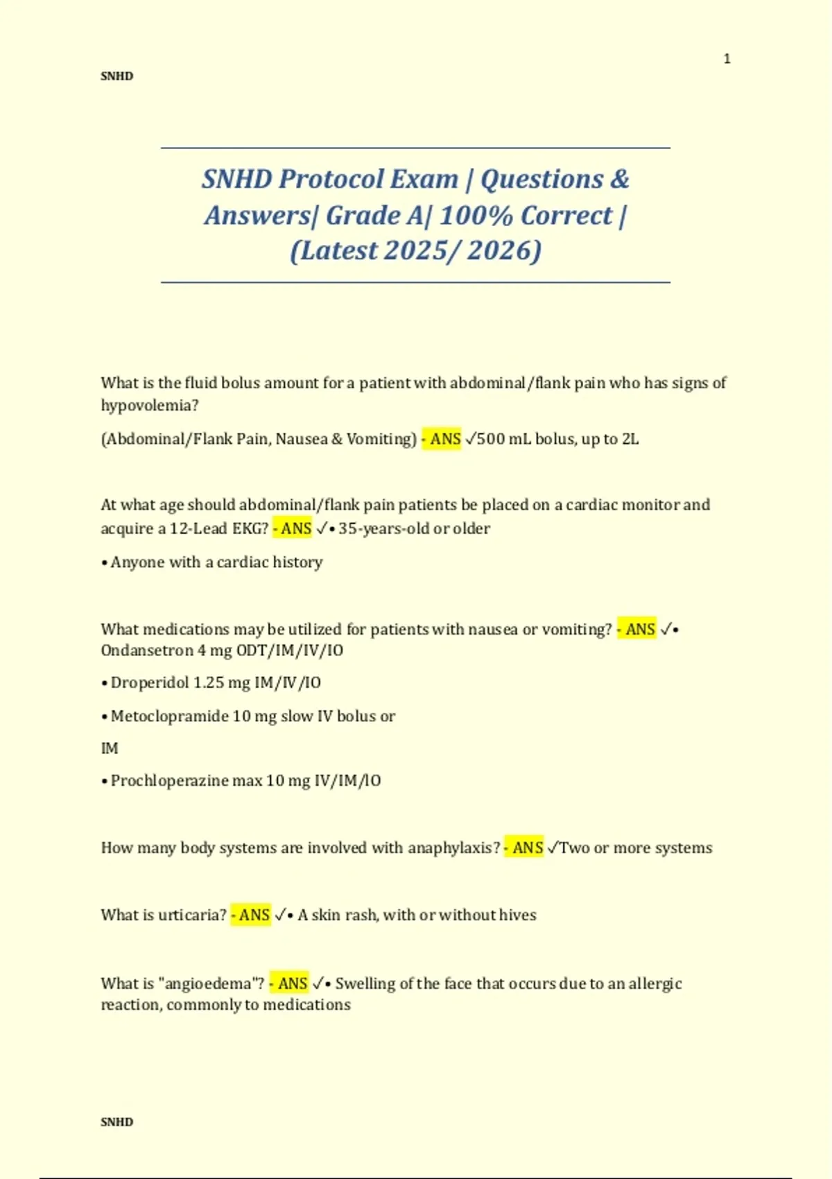 SNHD Protocol Exam | Questions & Answers| Grade A| 100% Correct ...