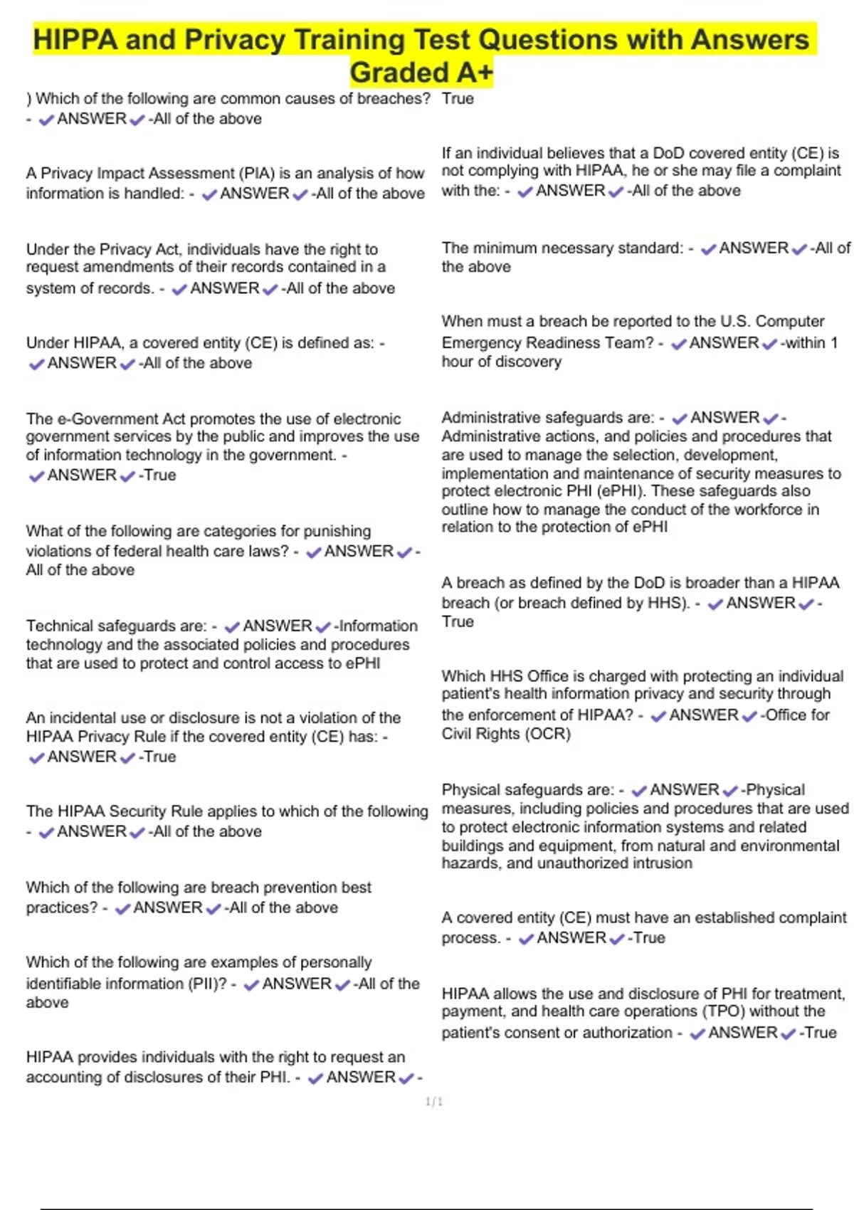 HIPPA and Privacy Training Test Questions with Answers Graded A+ ...