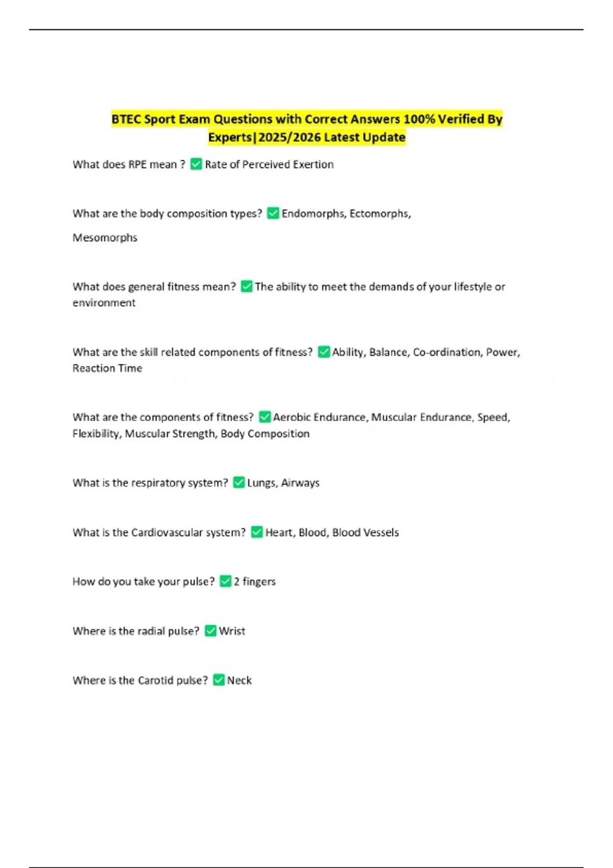 BTEC Sport Exam Questions with Correct Answers 100% Verified By Experts ...