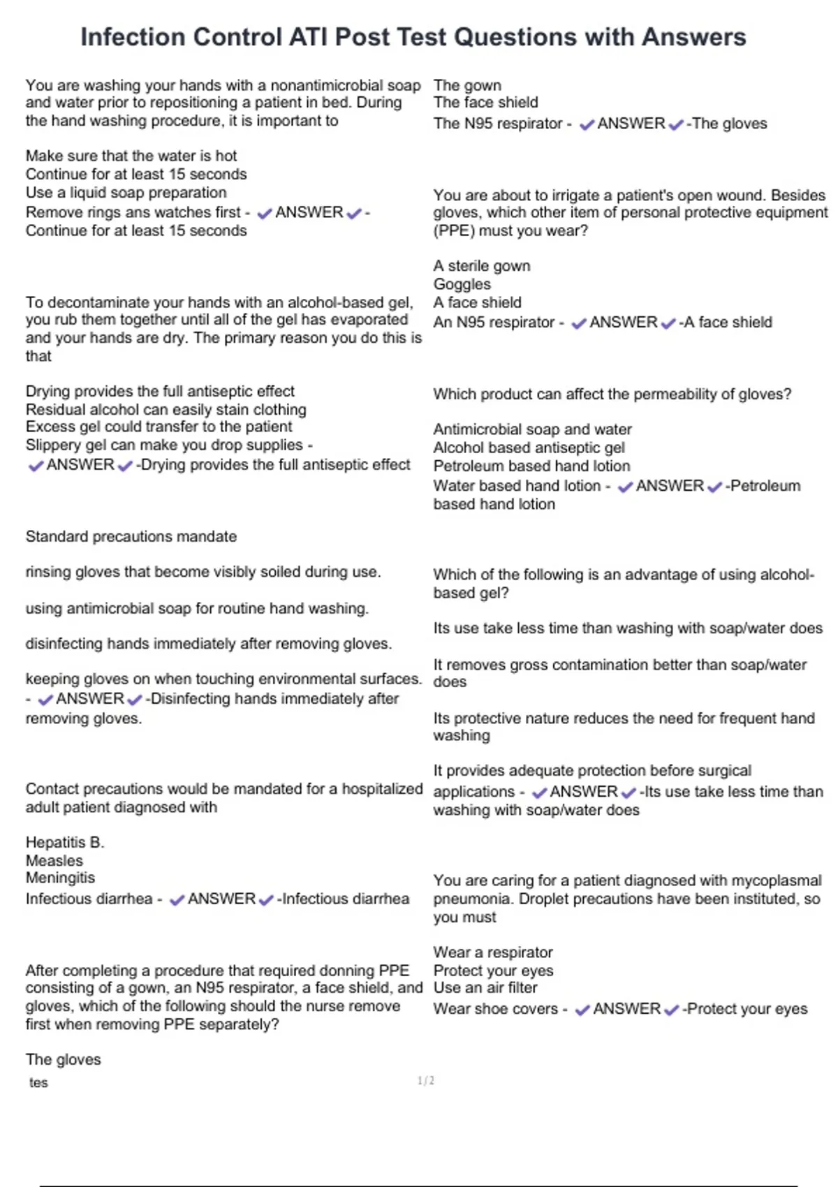 Infection Control ATI Post Test Questions with Answers - Infection ...