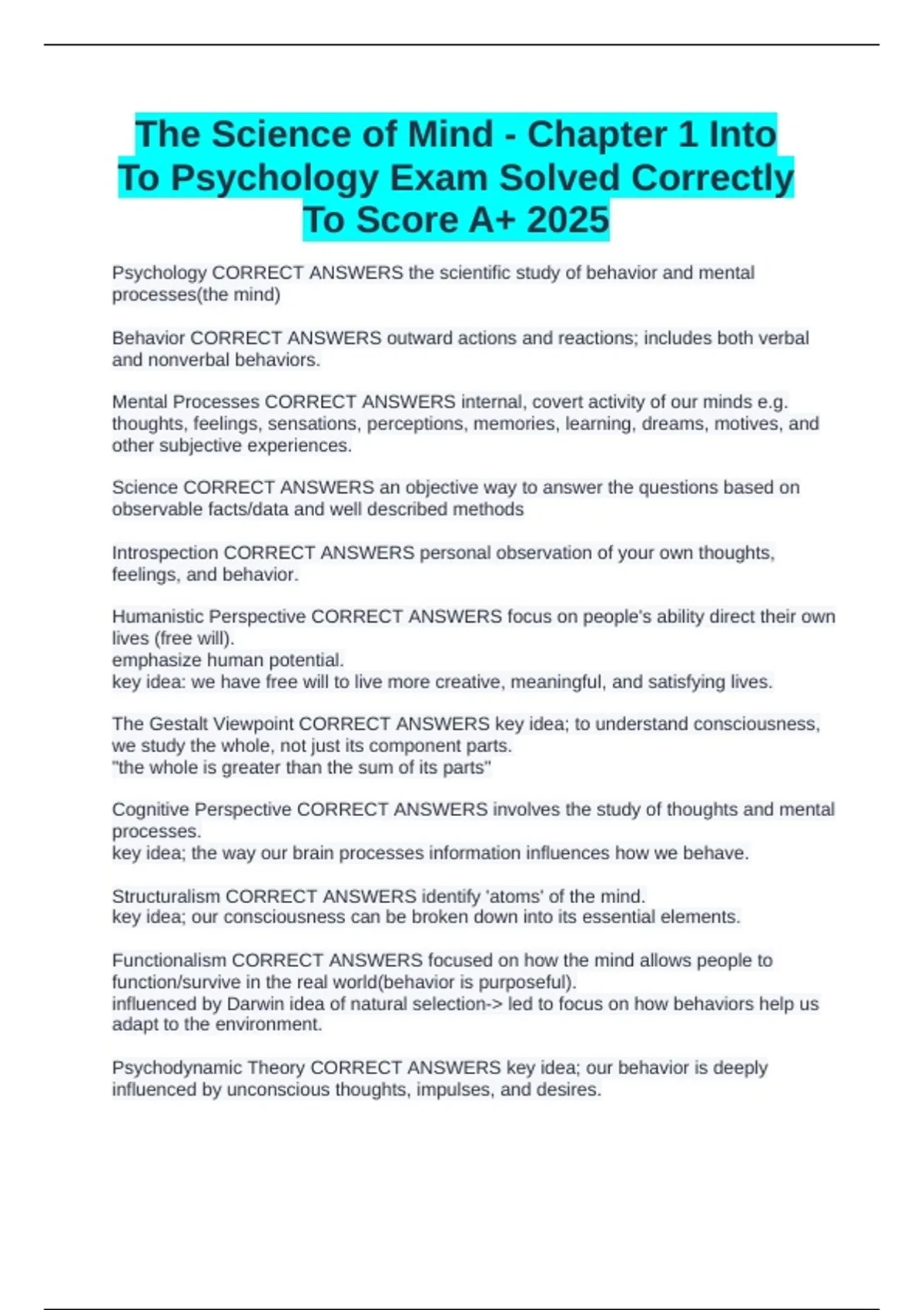 The Science of Mind - Chapter 1 Into To Psychology Exam Solved ...