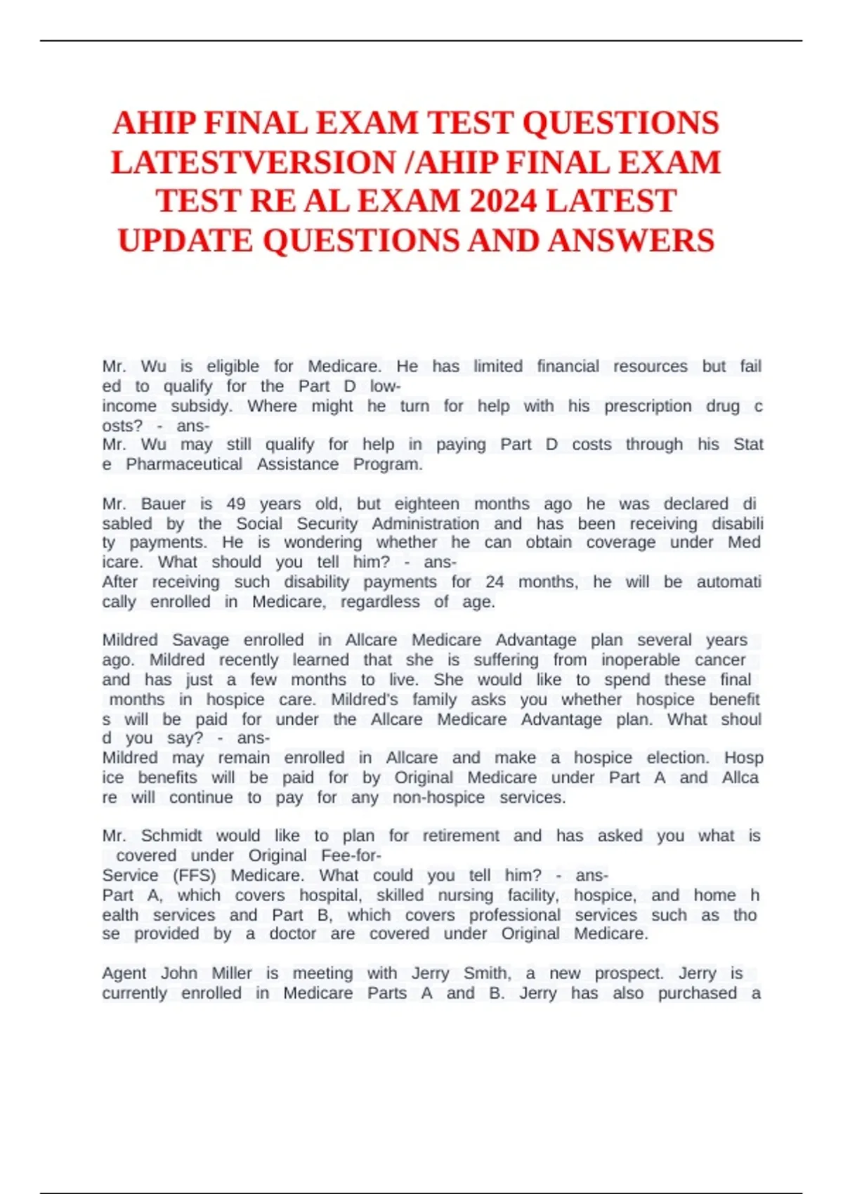 AHIP FINAL EXAM TEST QUESTIONS LATESTVERSION /AHIP FINAL EXAM TEST RE ...