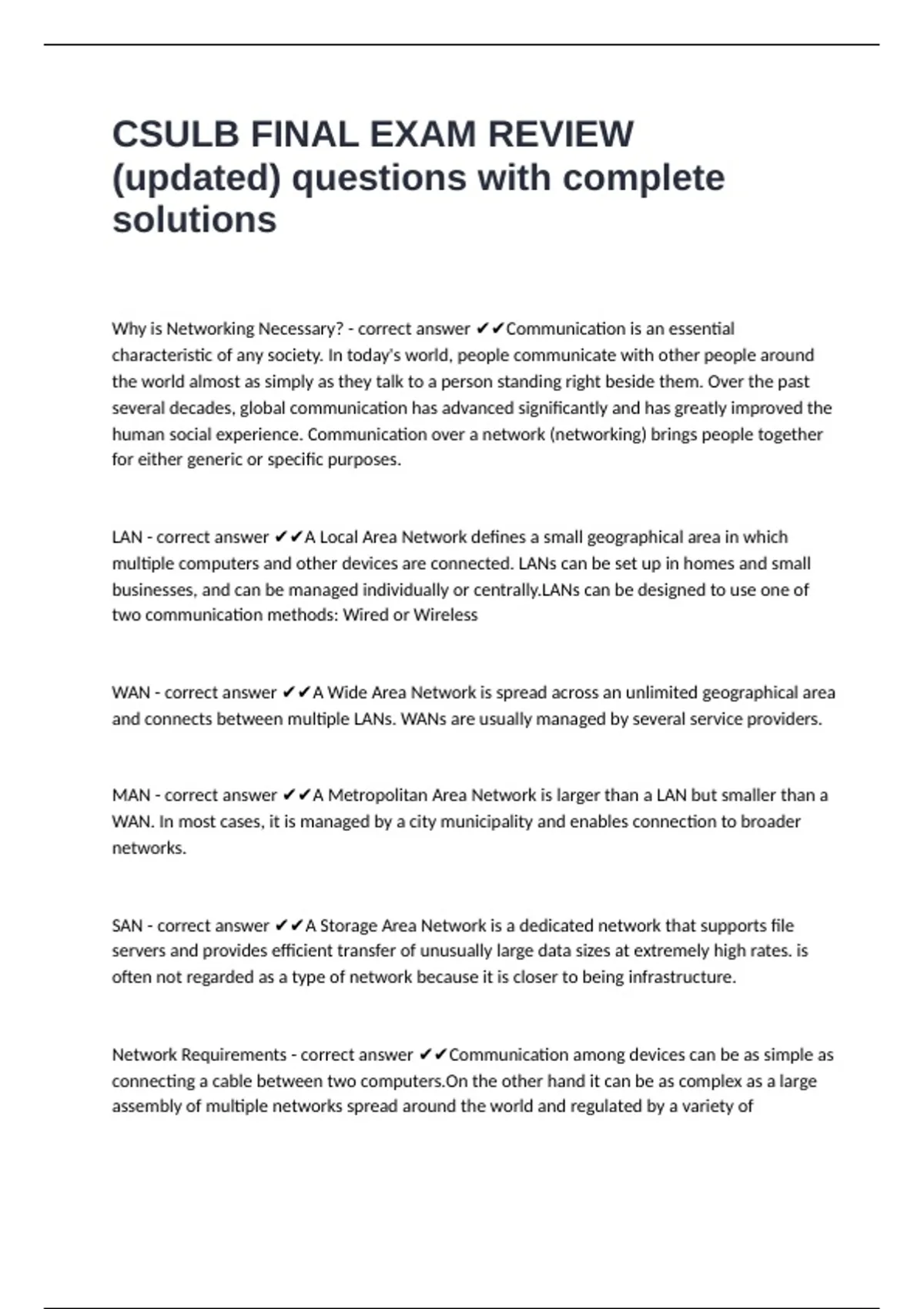 CSULB FINAL EXAM REVIEW (updated) questions with complete solutions - CSULB - Stuvia US