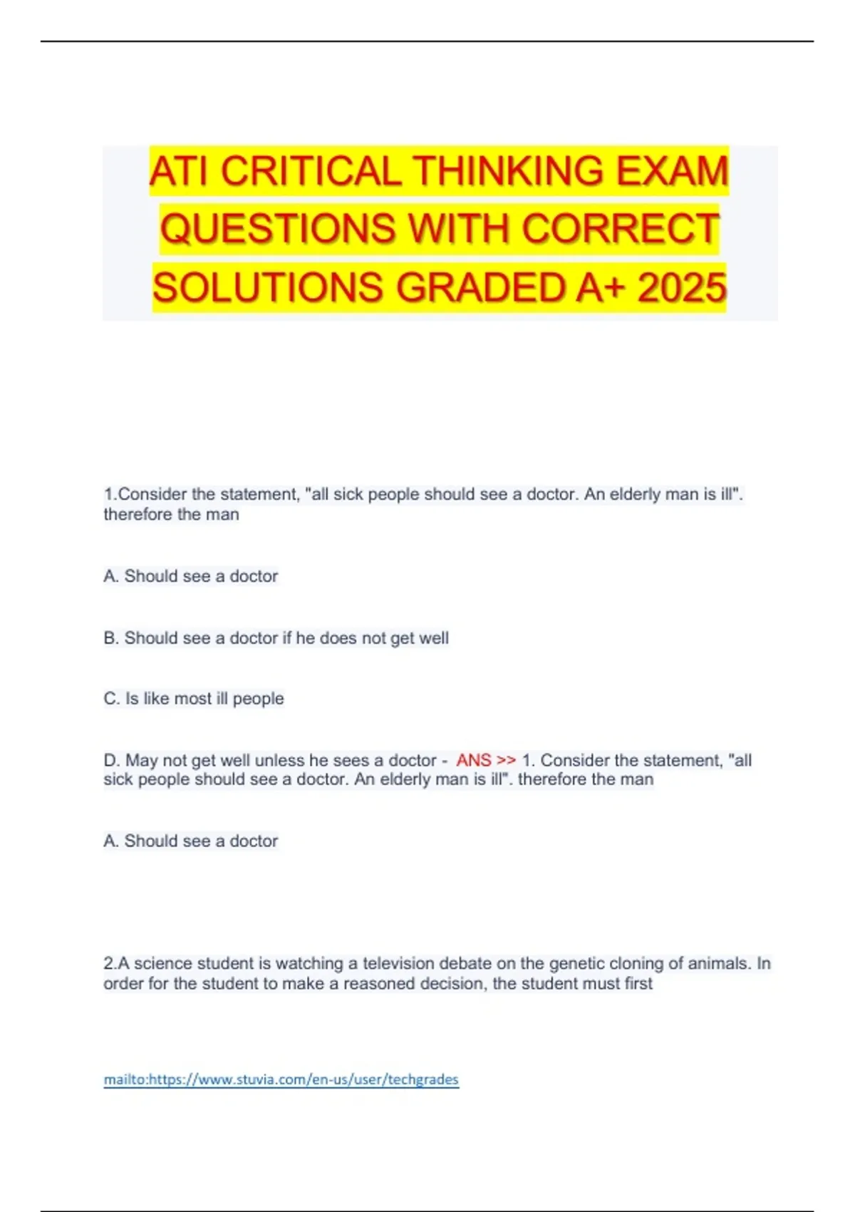 ATI CRITICAL THINKING EXAM QUESTIONS WITH CORRECT SOLUTIONS GRADED A+ ...