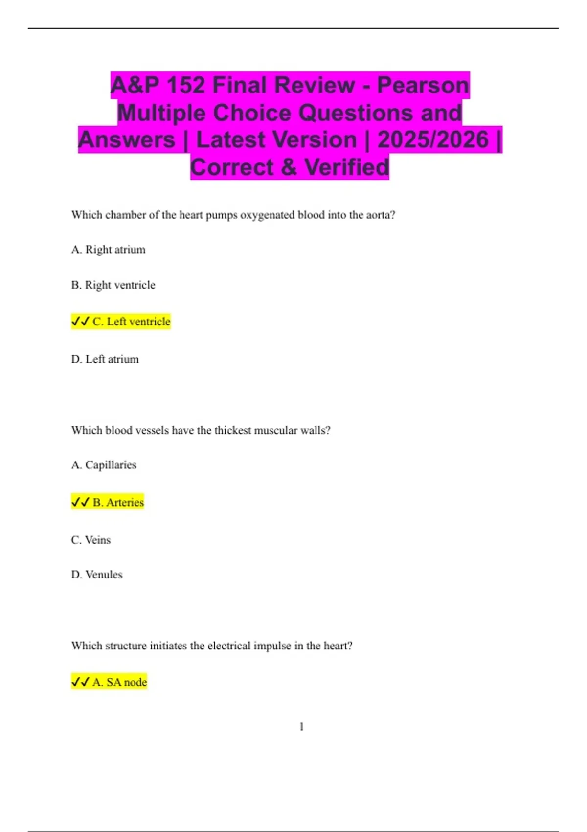 A&P 152 Final Review - Pearson Multiple Choice Questions and Answers ...