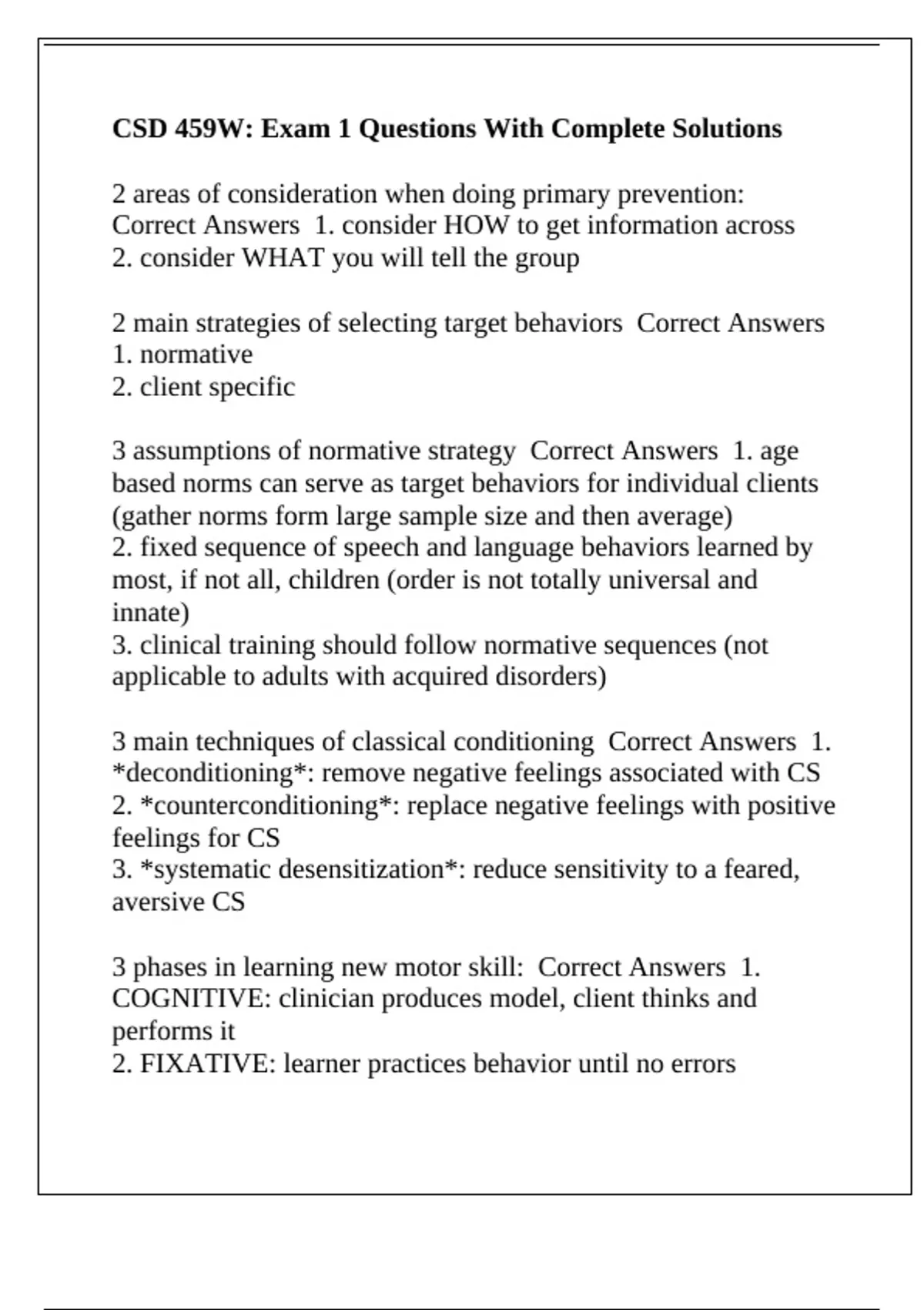 CSD 459W: Exam 1 Questions With Complete Solutions - CSD 459W - Stuvia US