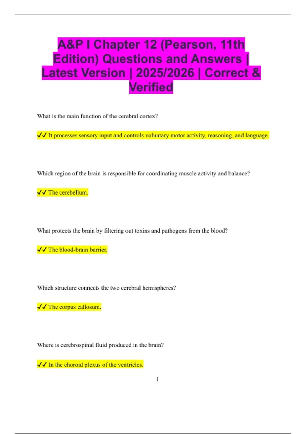 A&P I Chapter 12 (Pearson, 11th Edition) Questions and Answers | Latest ...