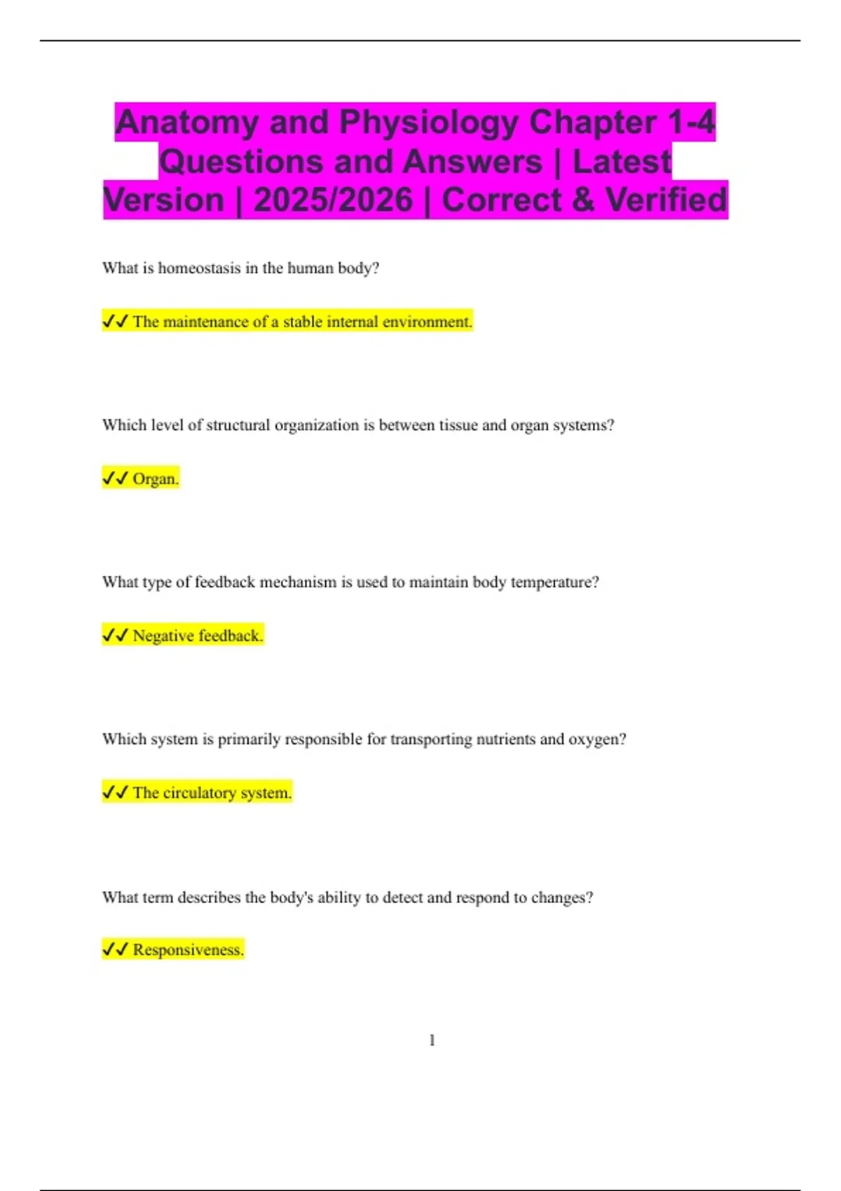Anatomy and Physiology Chapter 1-4 Questions and Answers | Latest ...