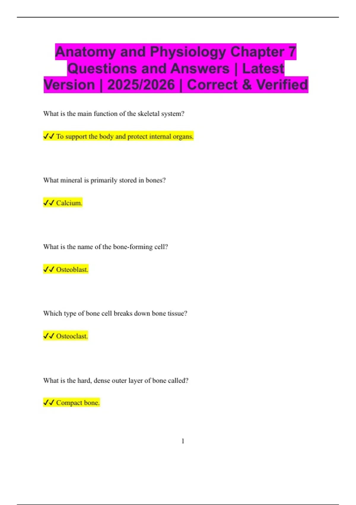 Anatomy and Physiology Chapter 7 Questions and Answers | Latest Version ...