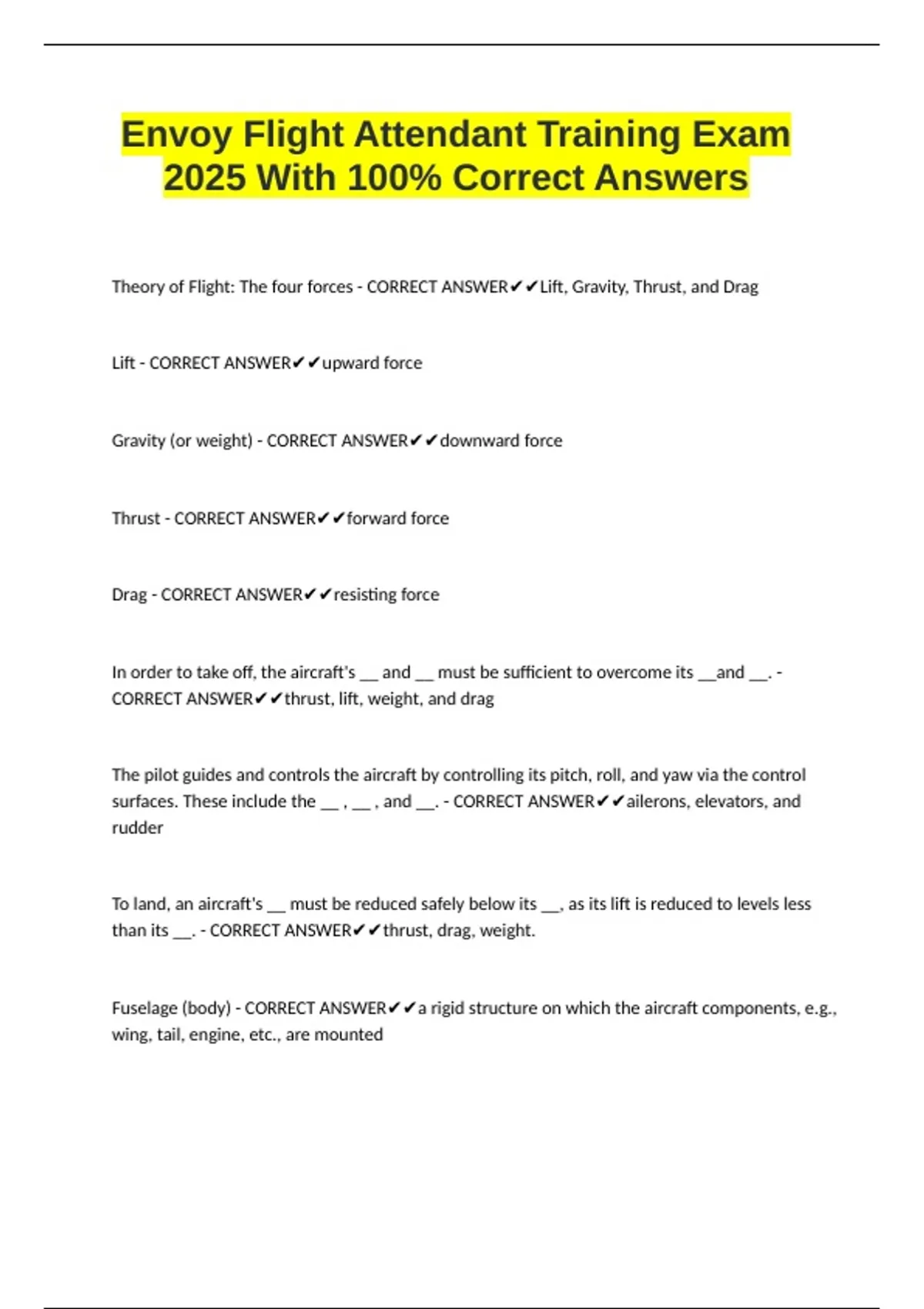 Envoy Flight Attendant Training Exam 2025 With 100% Correct Answers ...