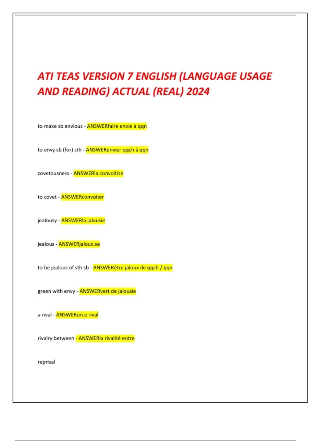 ATI TEAS VERSION 7 ENGLISH (LANGUAGE USAGE AND READING) ACTUAL (REAL ...