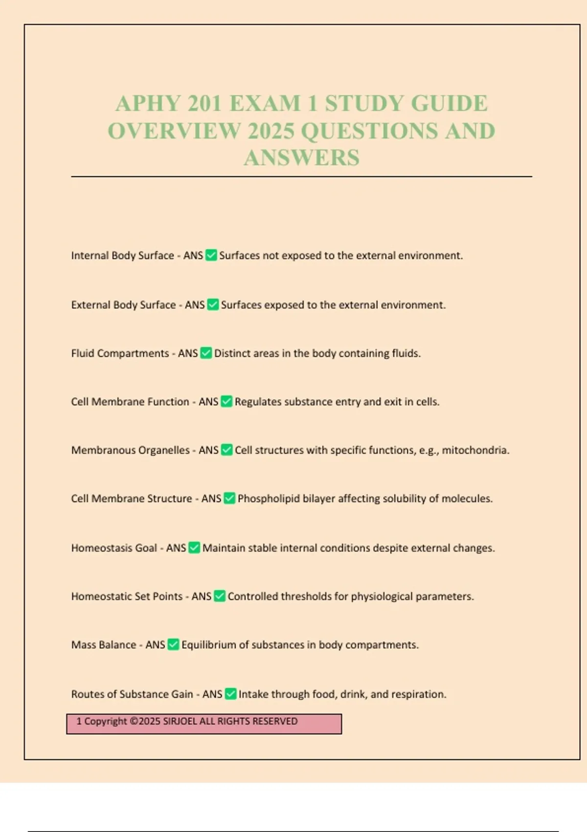APHY 201 EXAM 1 STUDY GUIDE OVERVIEW 2025 QUESTIONS AND ANSWERS - APHY ...