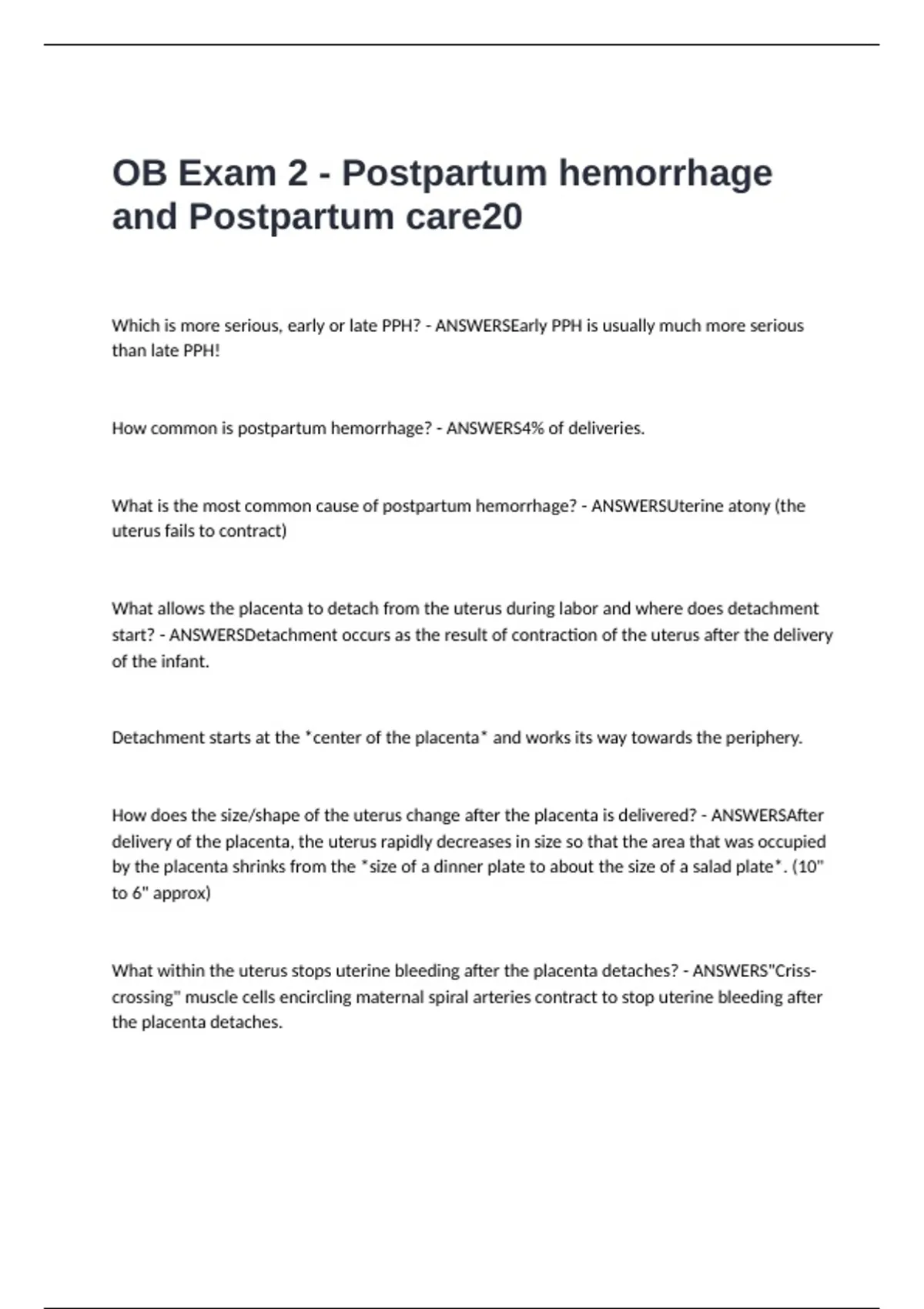 OB Exam 2 - Postpartum hemorrhage and Postpartum care Questions ...