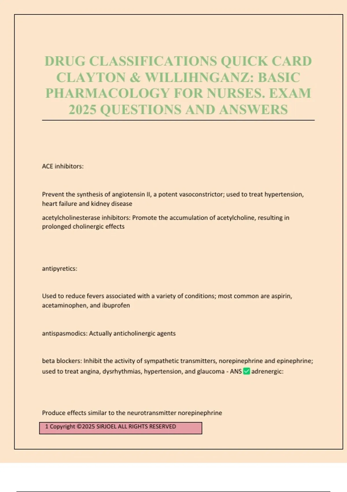 DRUG CLASSIFICATIONS QUICK CARD CLAYTON & WILLIHNGANZ: BASIC ...
