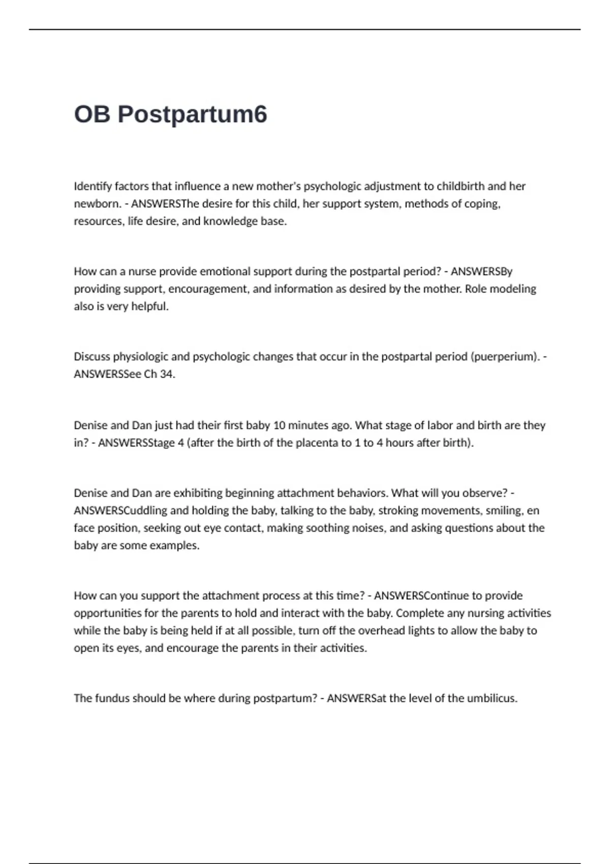 OB Postpartum Exam Questions with Complete Solutions - POSTPARTUM ...