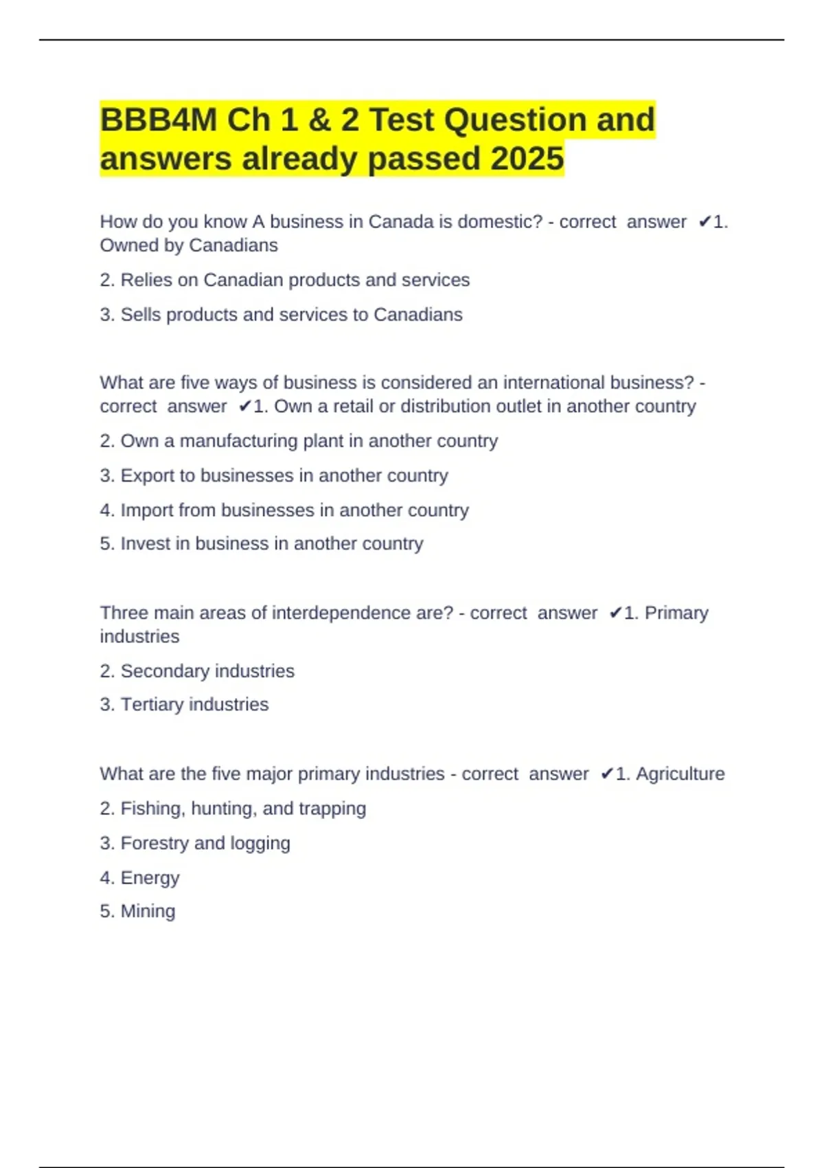 BBB4M Ch 1 & 2 Test Question and answers already passed 2025 - BBB4M Ch ...