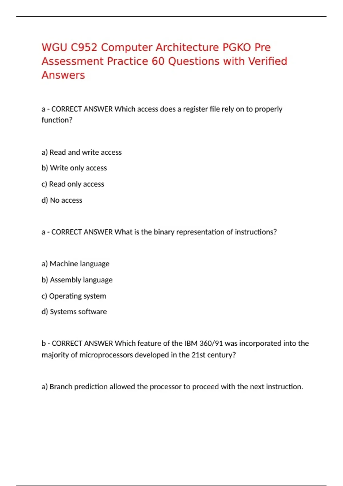 WGU C952 Computer Architecture PGKO Pre Assessment Practice 60 Questions with Verified Answers ...