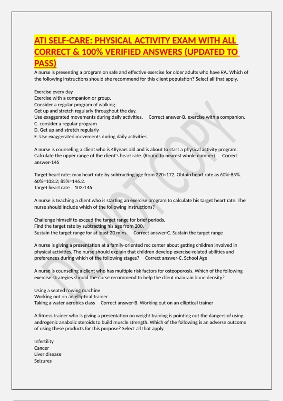 ATI SELF-CARE: PHYSICAL ACTIVITY EXAM WITH ALL CORRECT & 100% VERIFIED ...